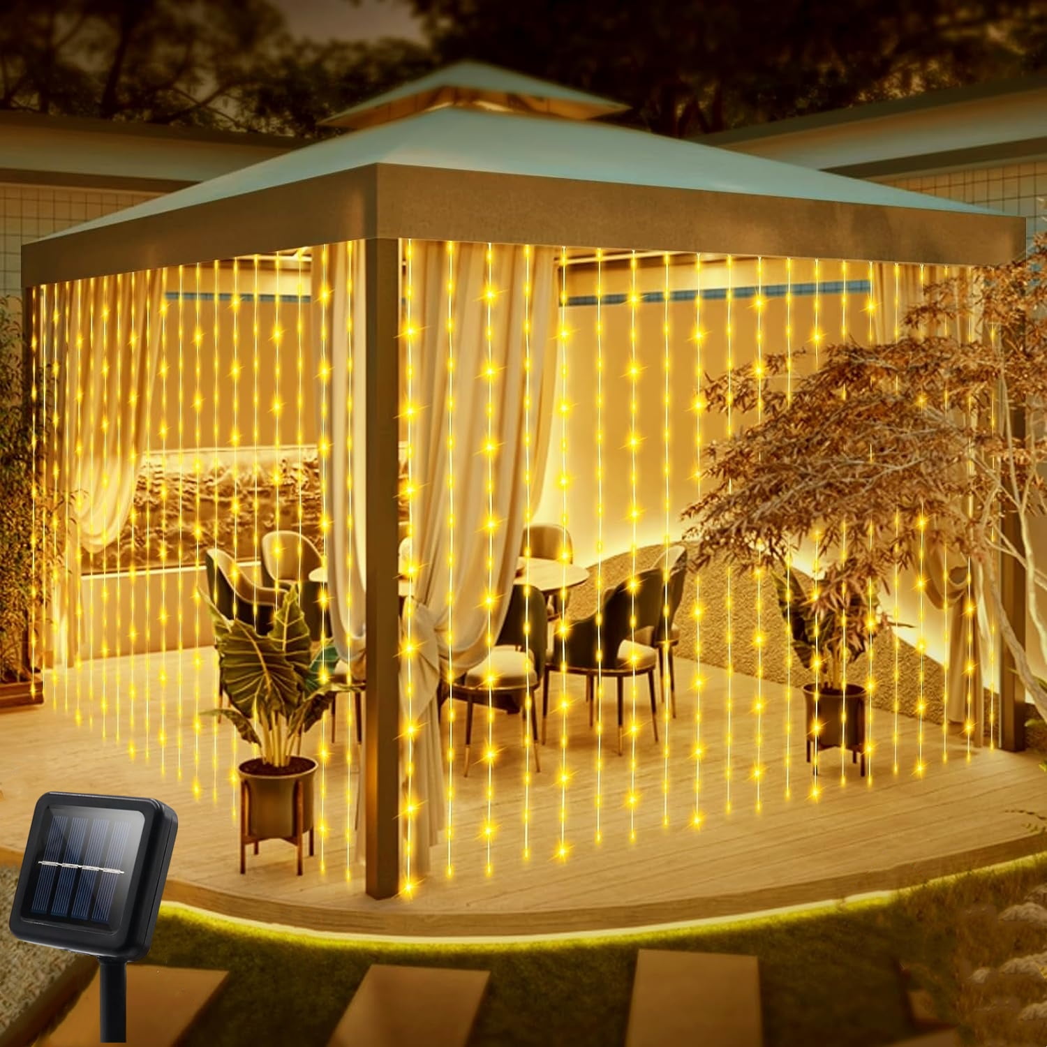 Solar Curtain Lights, LED Outdoor Waterproof Solar Powered Waterfall ...
