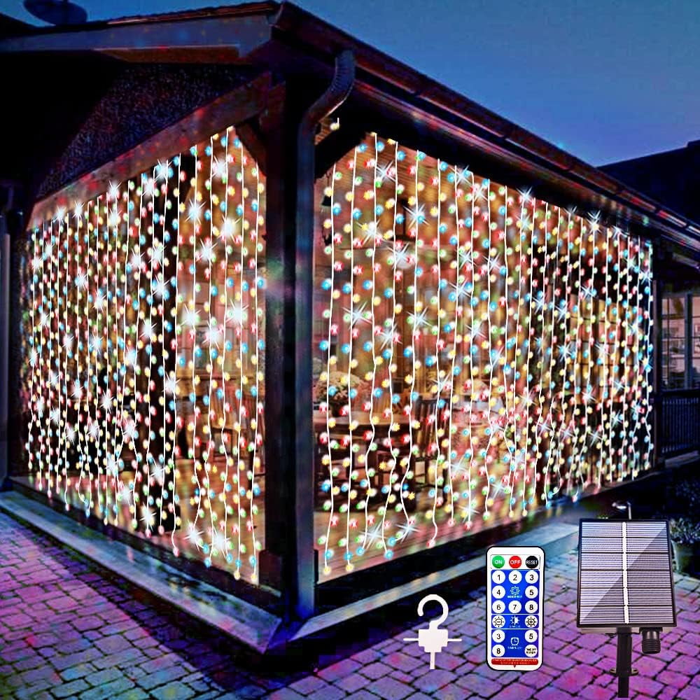 Solar Curtain Lights Outdoor Garden 300 LED Fairy String Lights 8 Modes ...