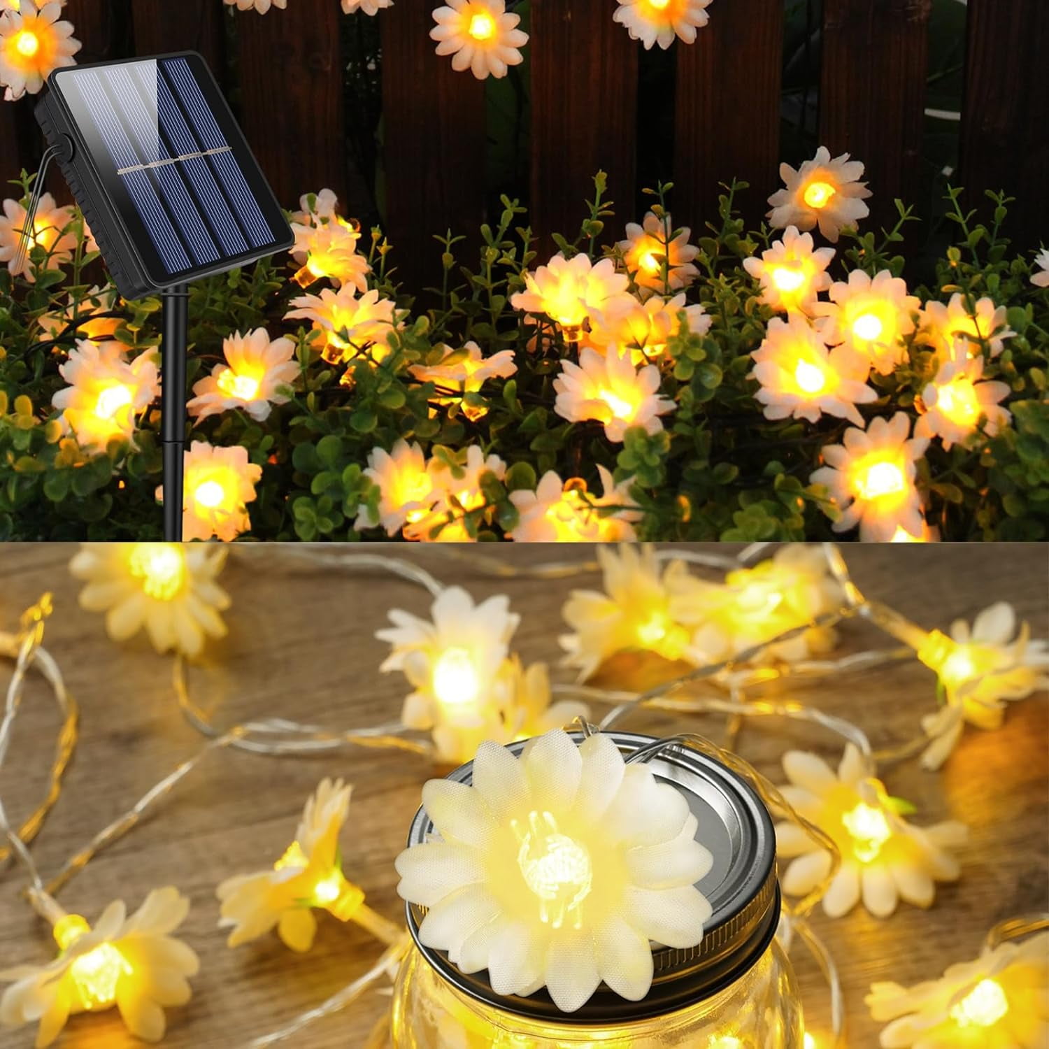 Solhice 20FT Solar Daisy String Lights, 40Led Waterproof Outdoor Fairy ...