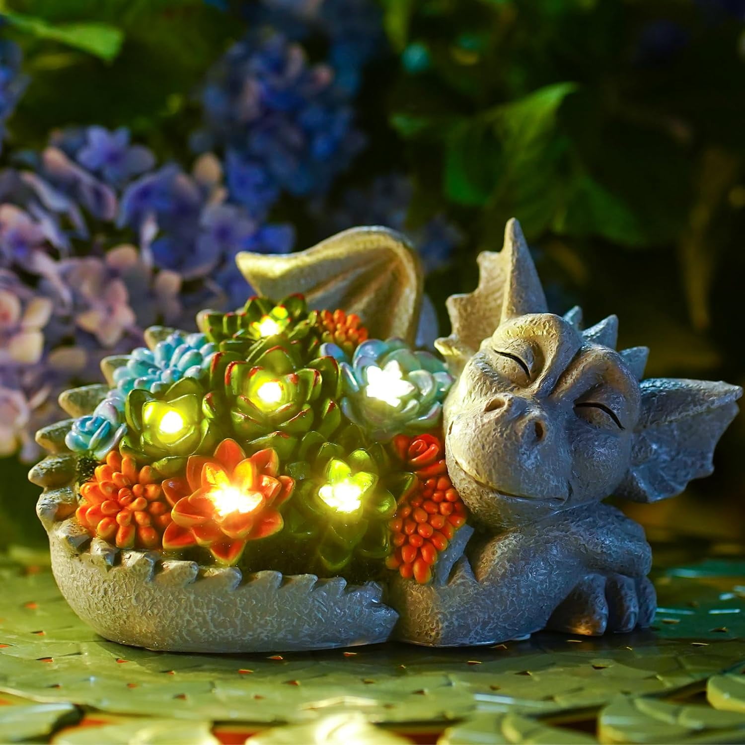 Solar Dragon Statue with Succulent Lights - Dragon Garden Sculptures ...