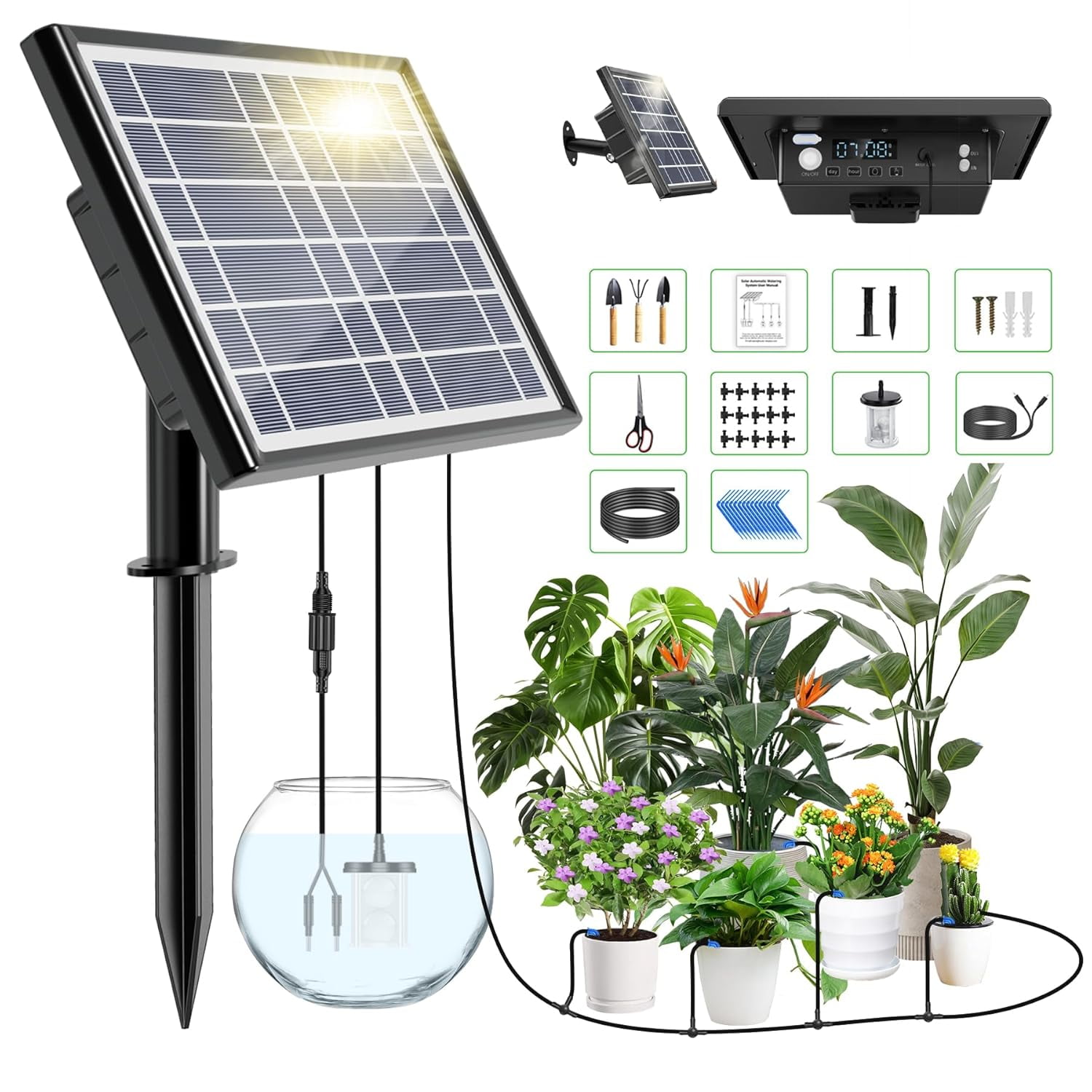 Solar Drip Irrigation System Outdoor, 3W Solar & USB Power Drip ...