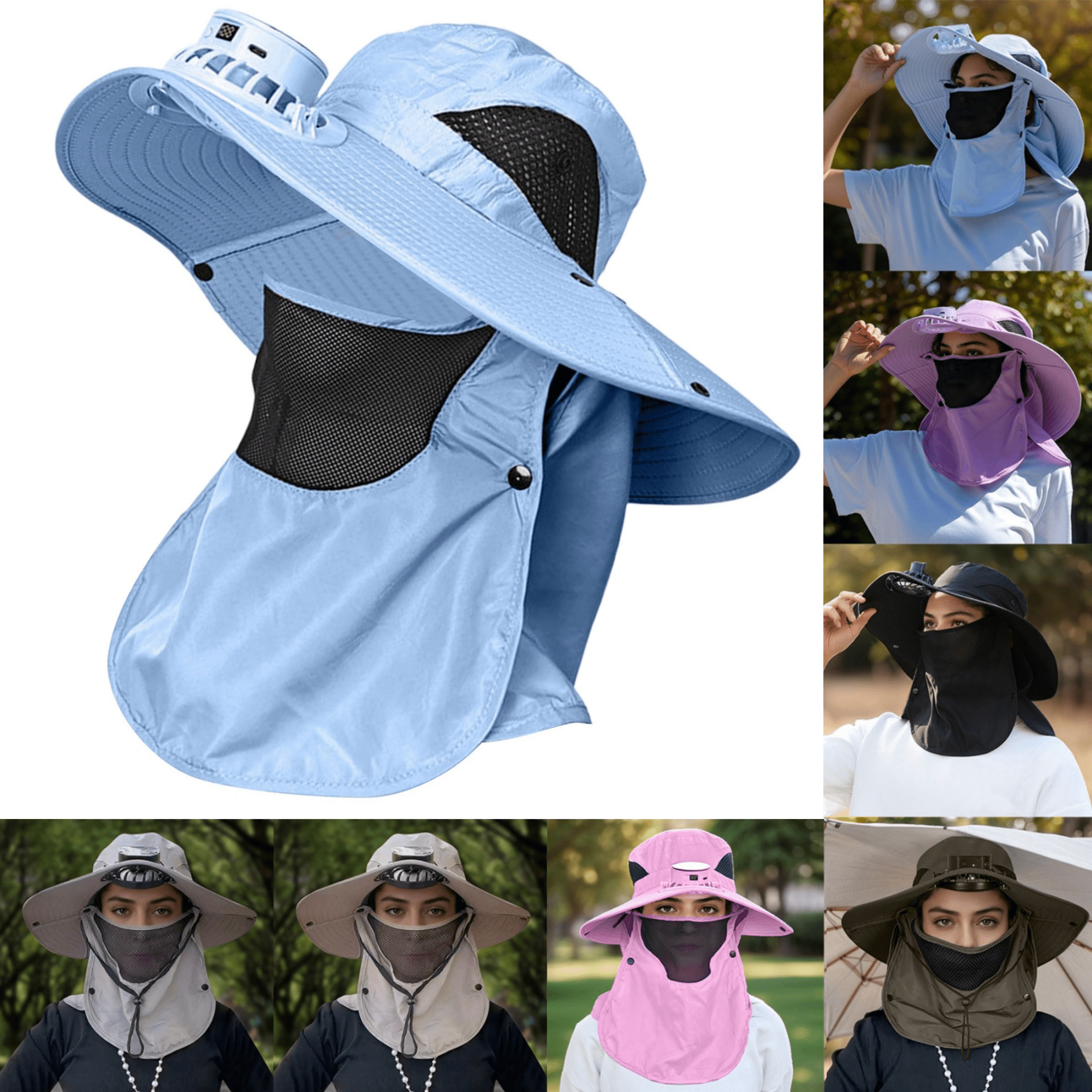 Solar Fan Hat with Neck Flap and Face Cover - UPF 50+ UV Protective ...