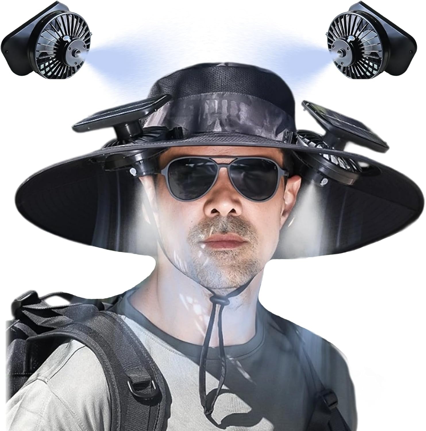 Solar Fan Hat with Mist, USB Solar Charging Mist Fan Wide Brim Hat ...