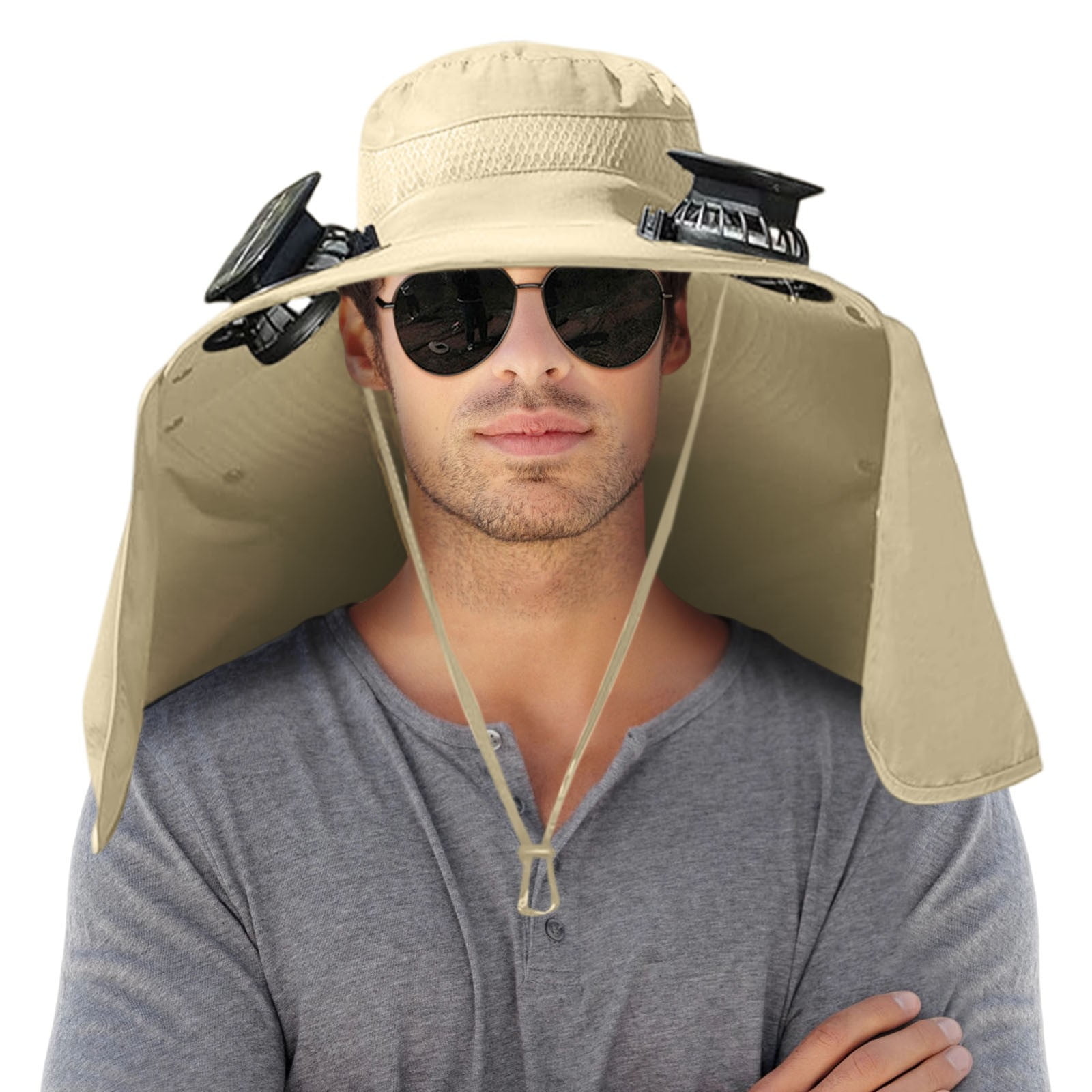 Solar Fan Wide Brims Sun Hat Outdoor Bucket Hat UPF 50+ Sun Protection Fishing Beach Hat with ...