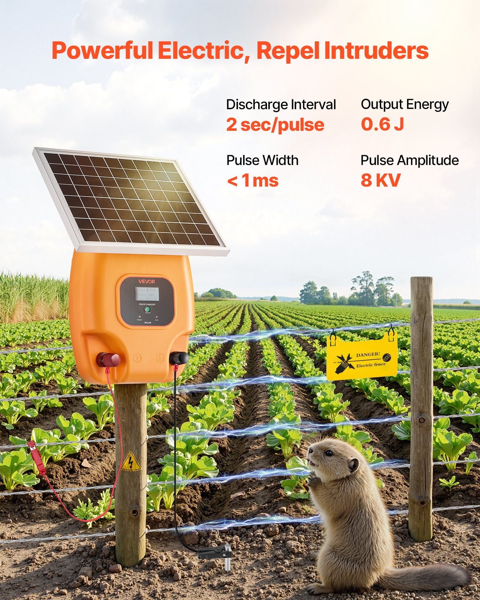 Solar Fence Charger,0.6J 8kV Solar Powered Fence Charger,1.86 Miles ...