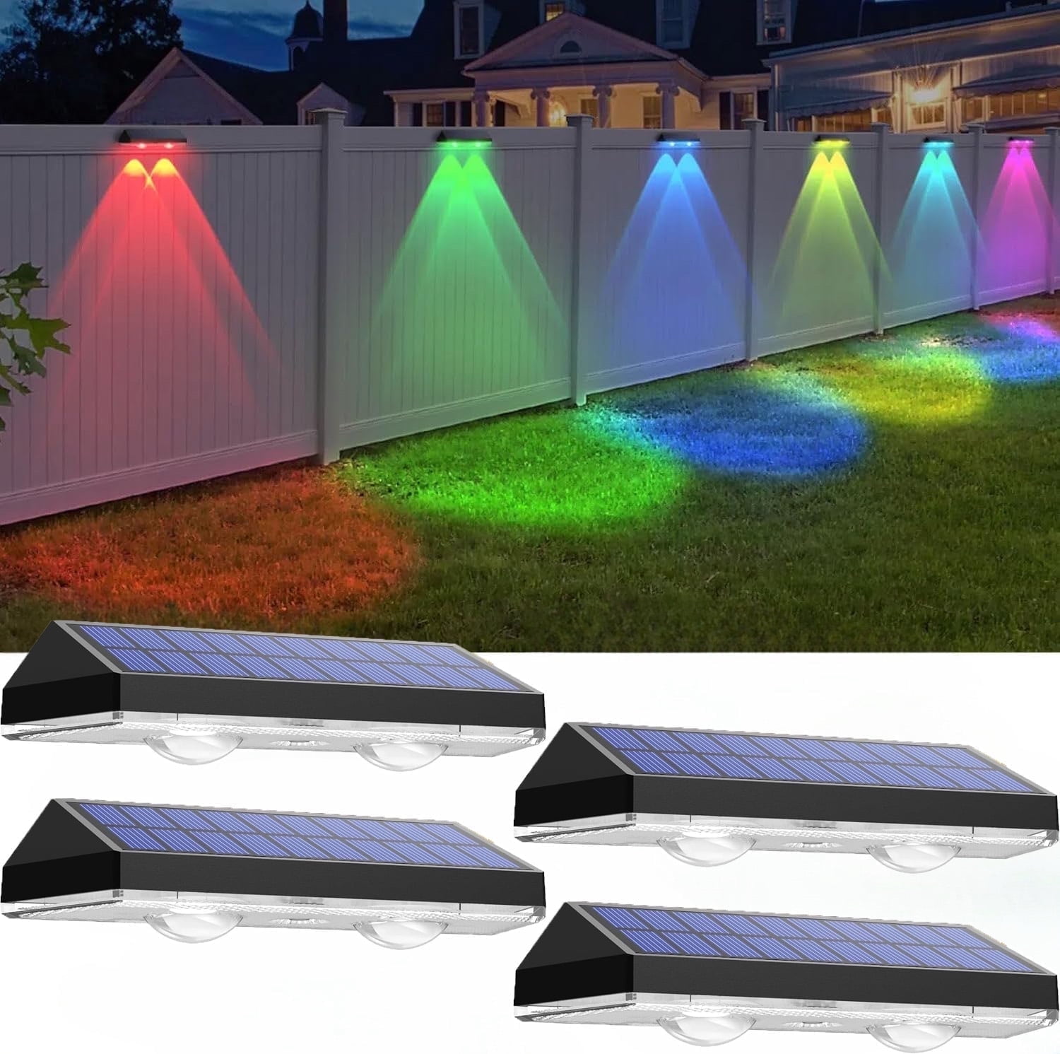 Solar Fence Lights Outdoor, 4 Pcs RGB Solar Lights for Outside Backyard ...