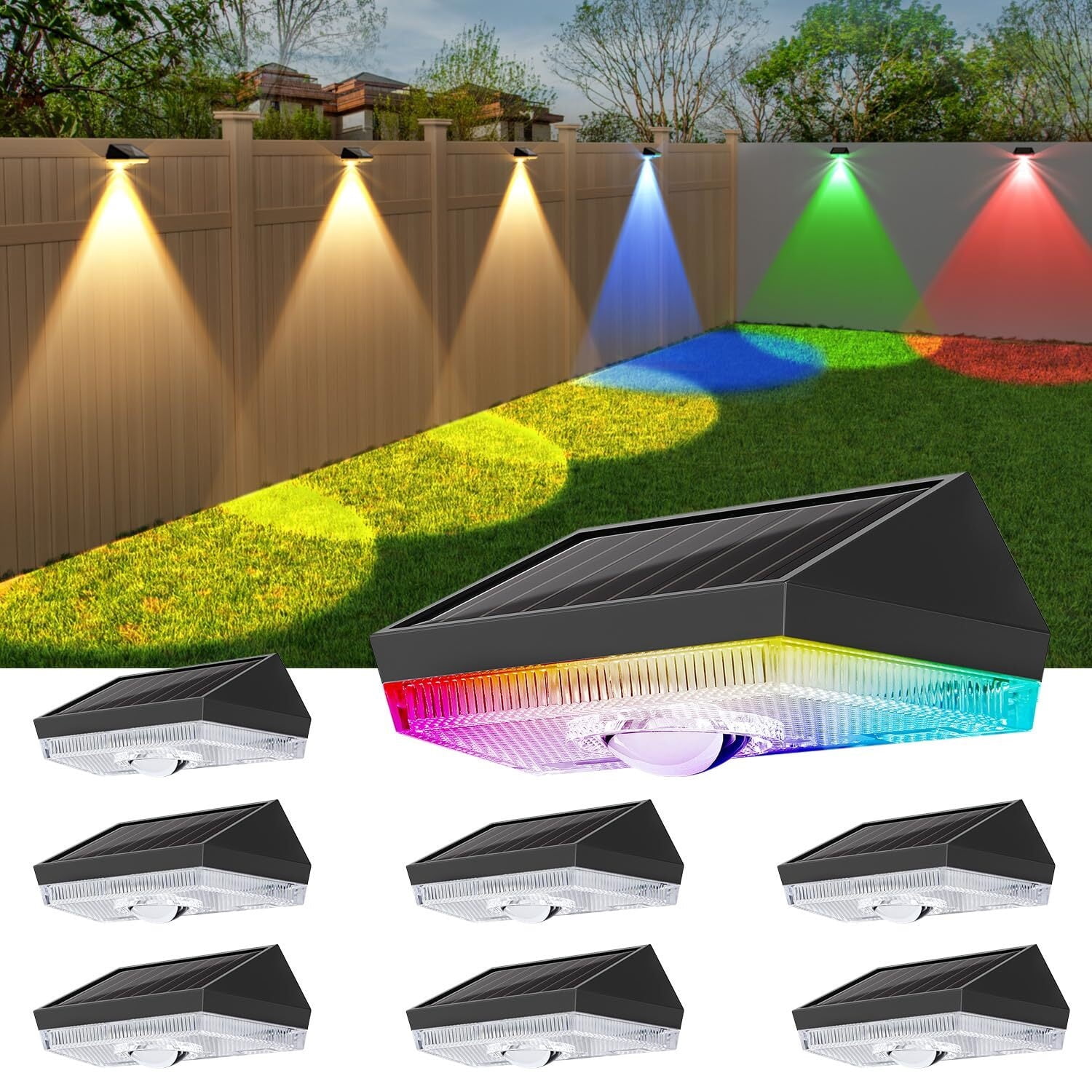 Solar Fence Lights Outdoor: 10 Lighting Modes with RGB Solar Powered ...
