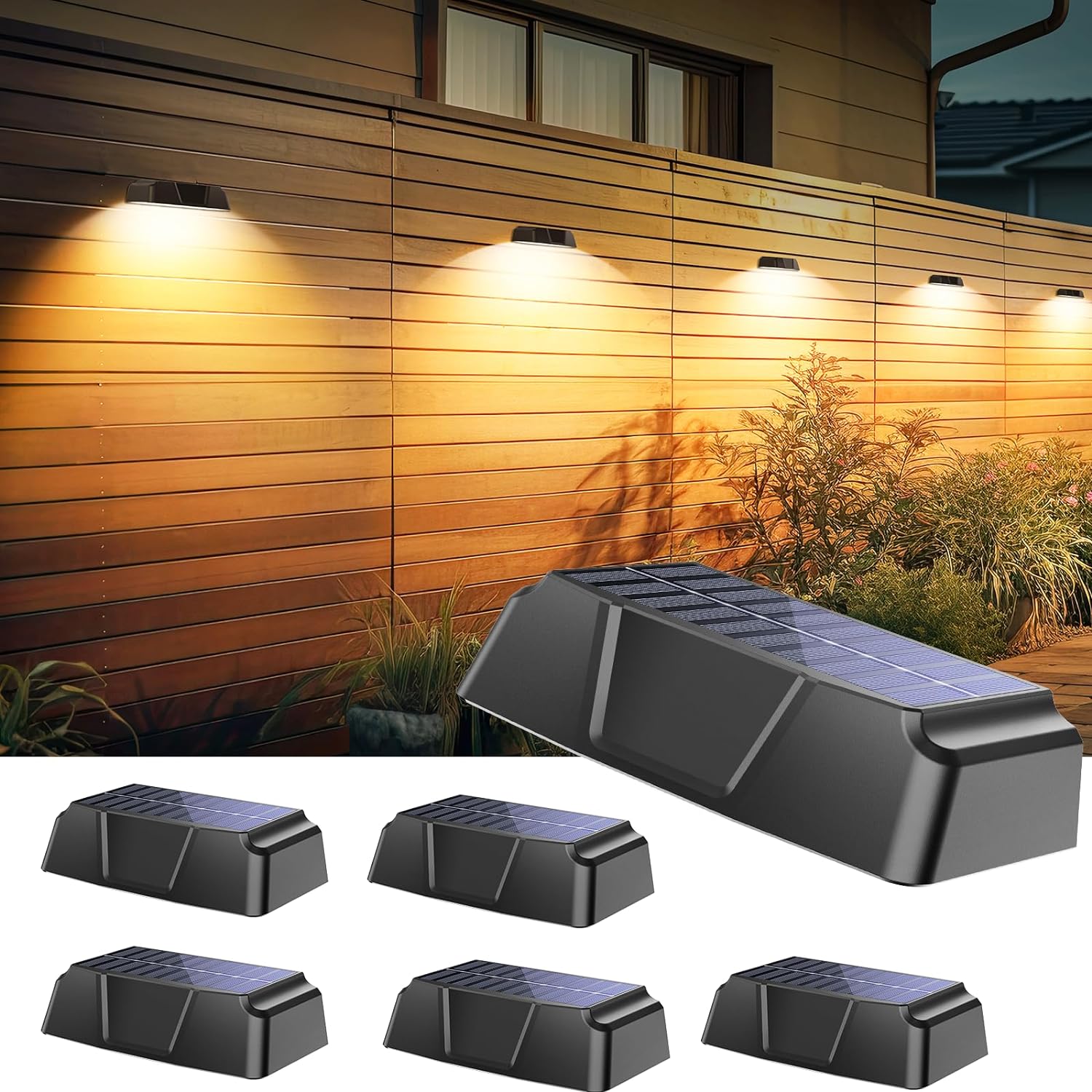 Solar Fence Lights Outdoor - 6 Pack Solar Outdoor Lights with Warm ...
