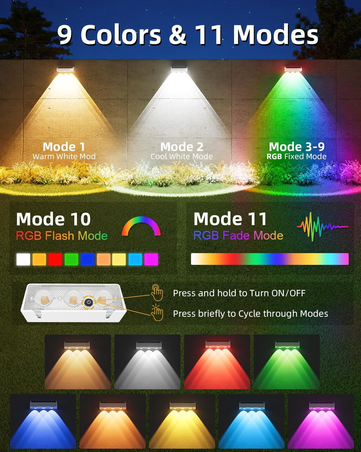 Solar Fence Lights Outdoor, 9 Fixed Colors ＆ Color Changing Fence ...