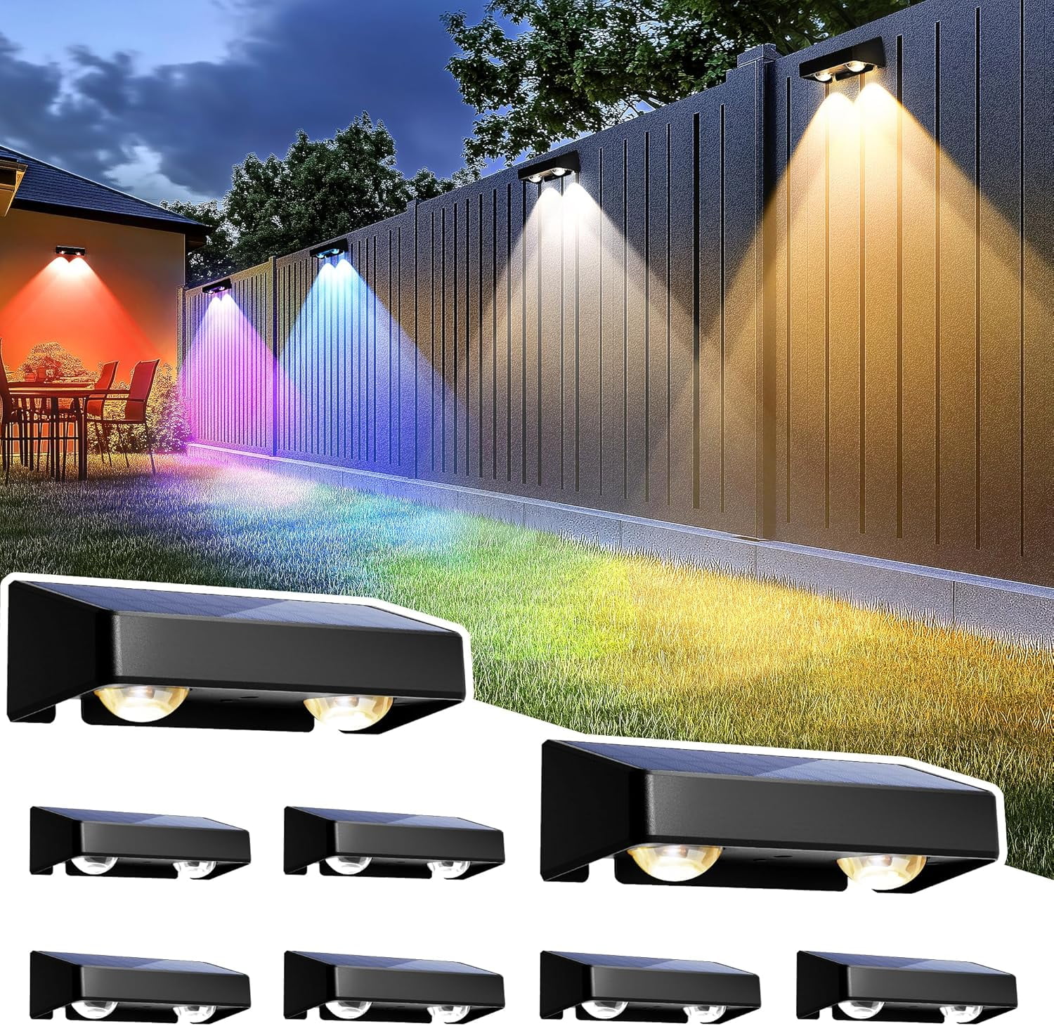 Solar Fence Lights Outdoor, 9 Fixed Colors ＆ Color Changing Fence Solar ...