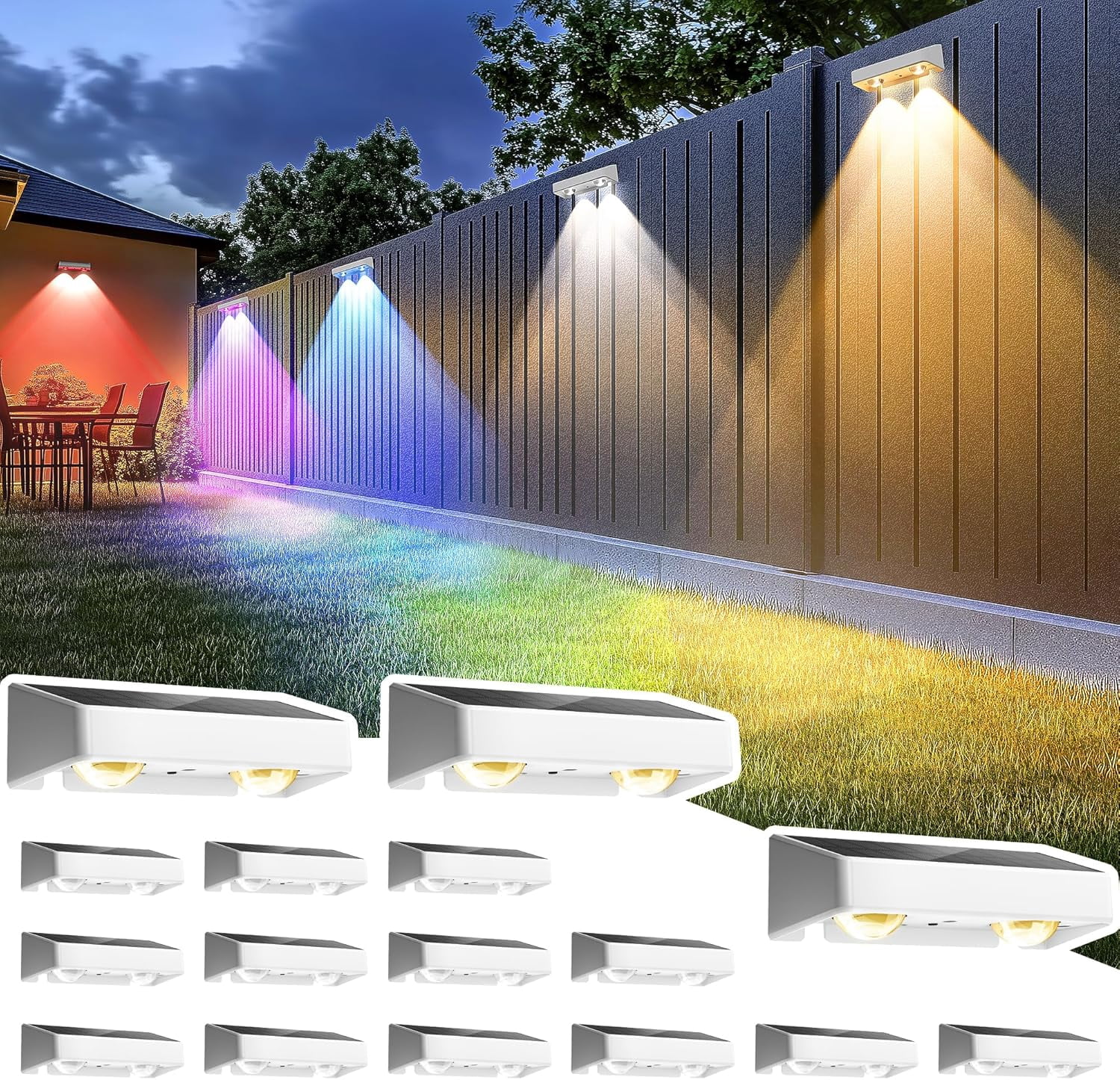 Solar Fence Lights Outdoor, 9 Fixed Colors ＆ Color Changing Fence Solar ...
