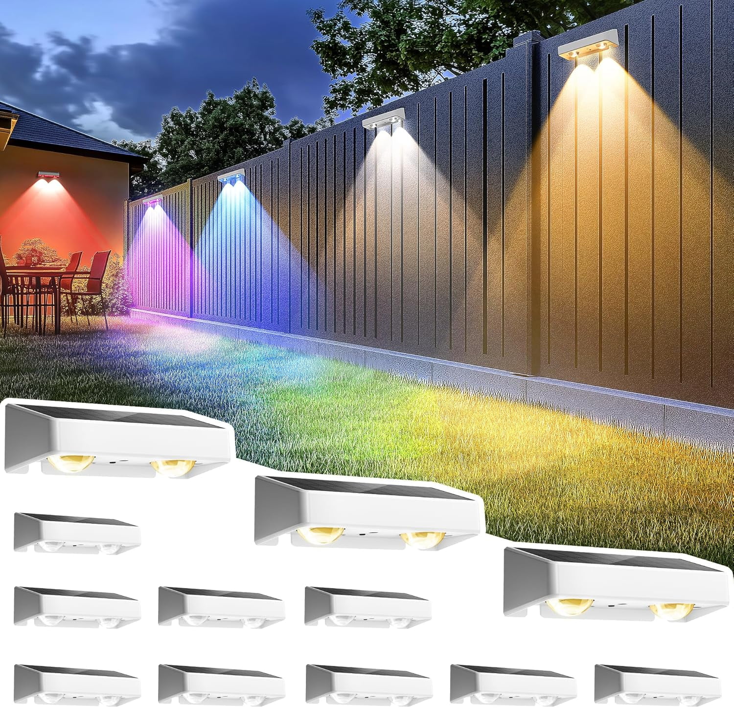 Solar Fence Lights Outdoor, 9 Fixed Colors ＆ Color Changing Fence Solar ...