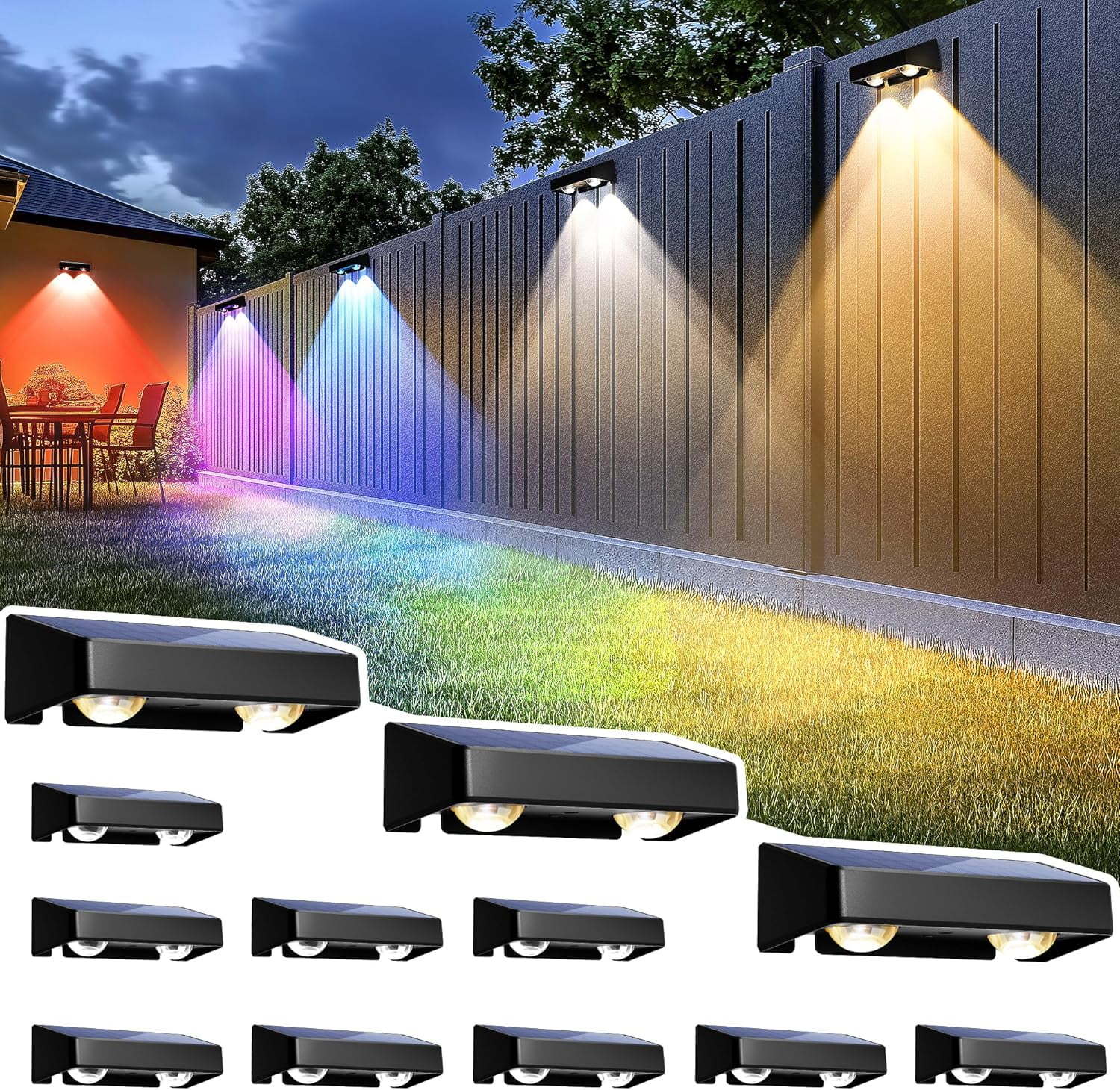 Solar Fence Lights Outdoor, 9 Fixed Colors ＆ Color Changing Fence Solar ...