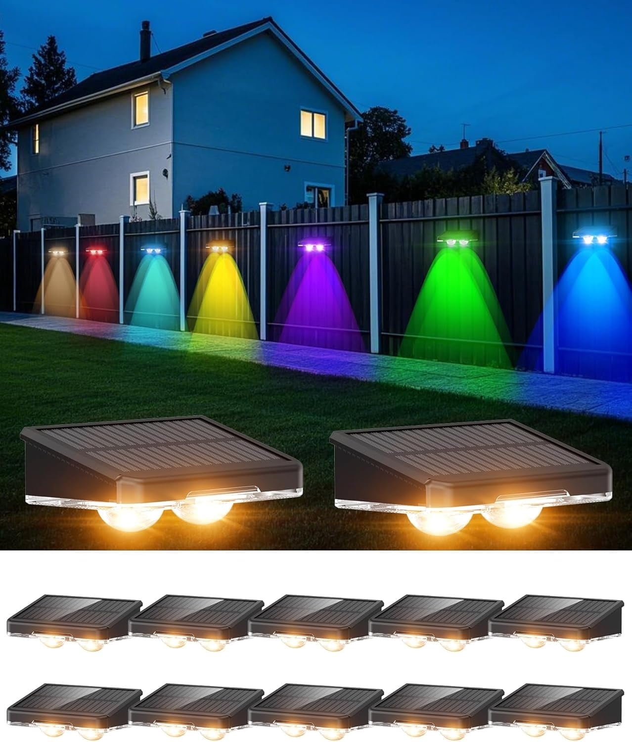 Solar Fence Lights, Outdoor IP65 Waterproof LED, RGB Fence Lights Solar ...