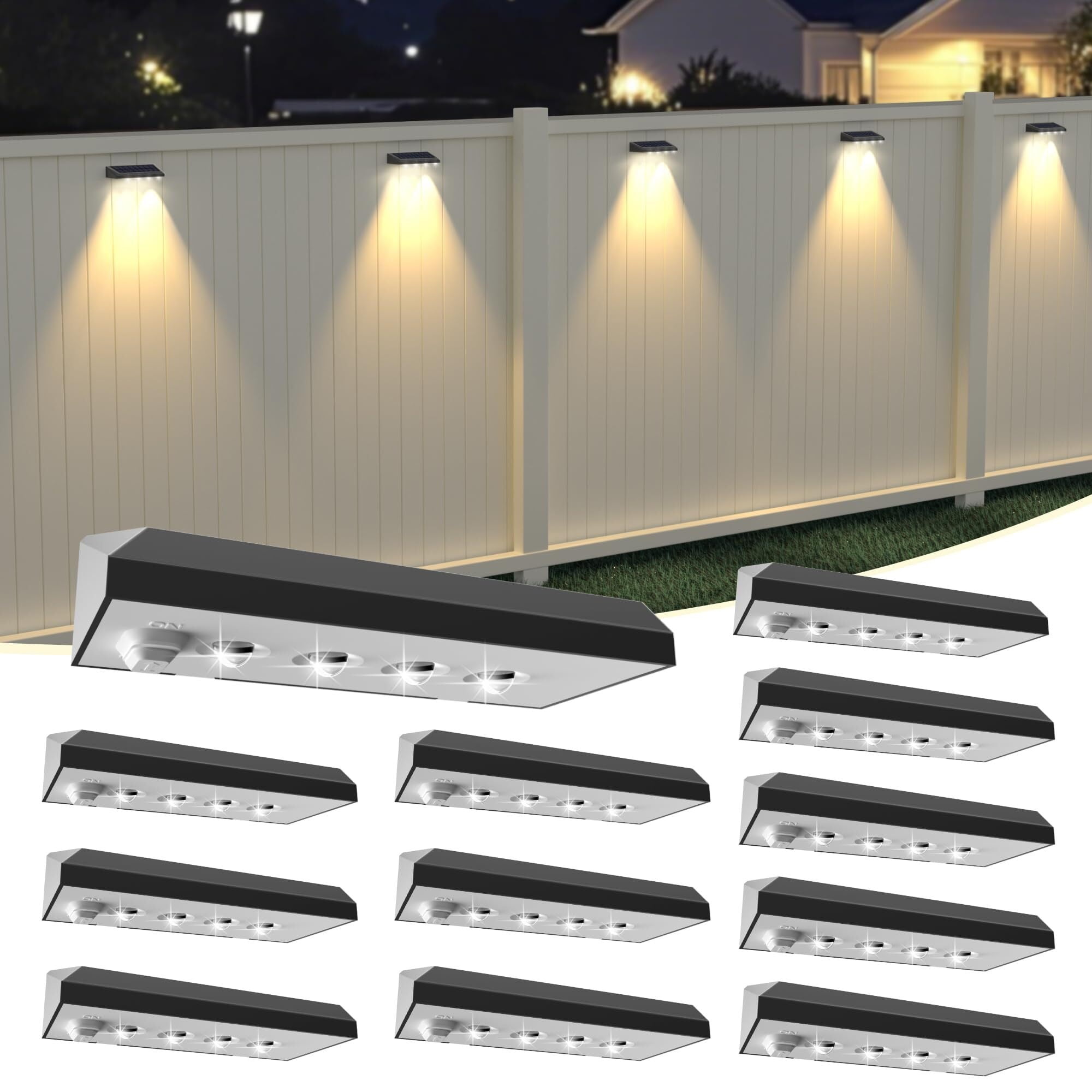 Solar Fence Lights Outdoor, Warm White LED Fence Light Solar Powered ...