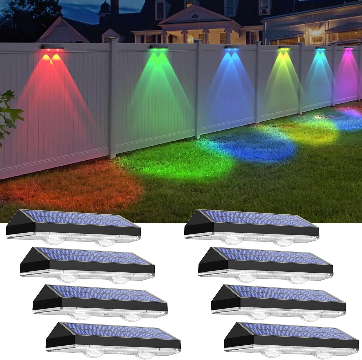 Solar Fence Lights Outdoor - Warm White & RGB 6 Color, Dusk to Dawn ...