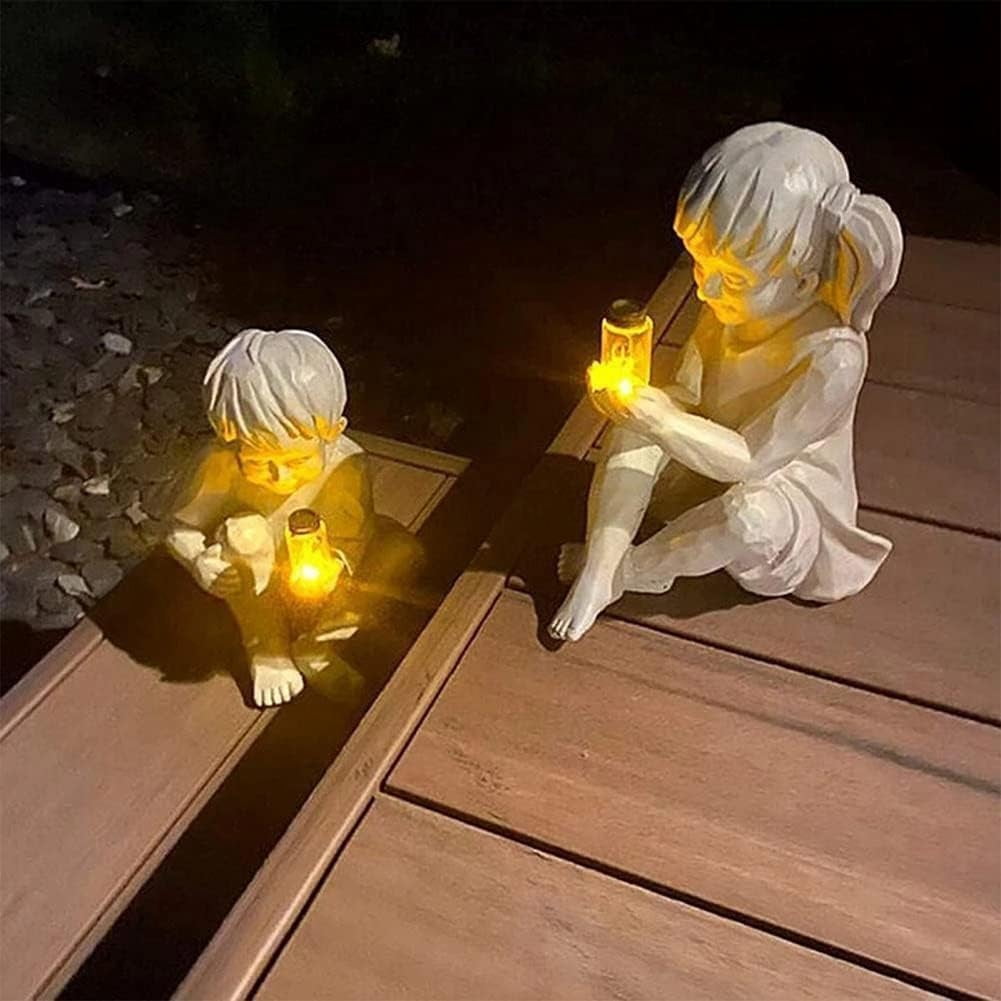 Solar Fireflies Garden Statue Resin Jar Boy Girl Statue Garden Children ...