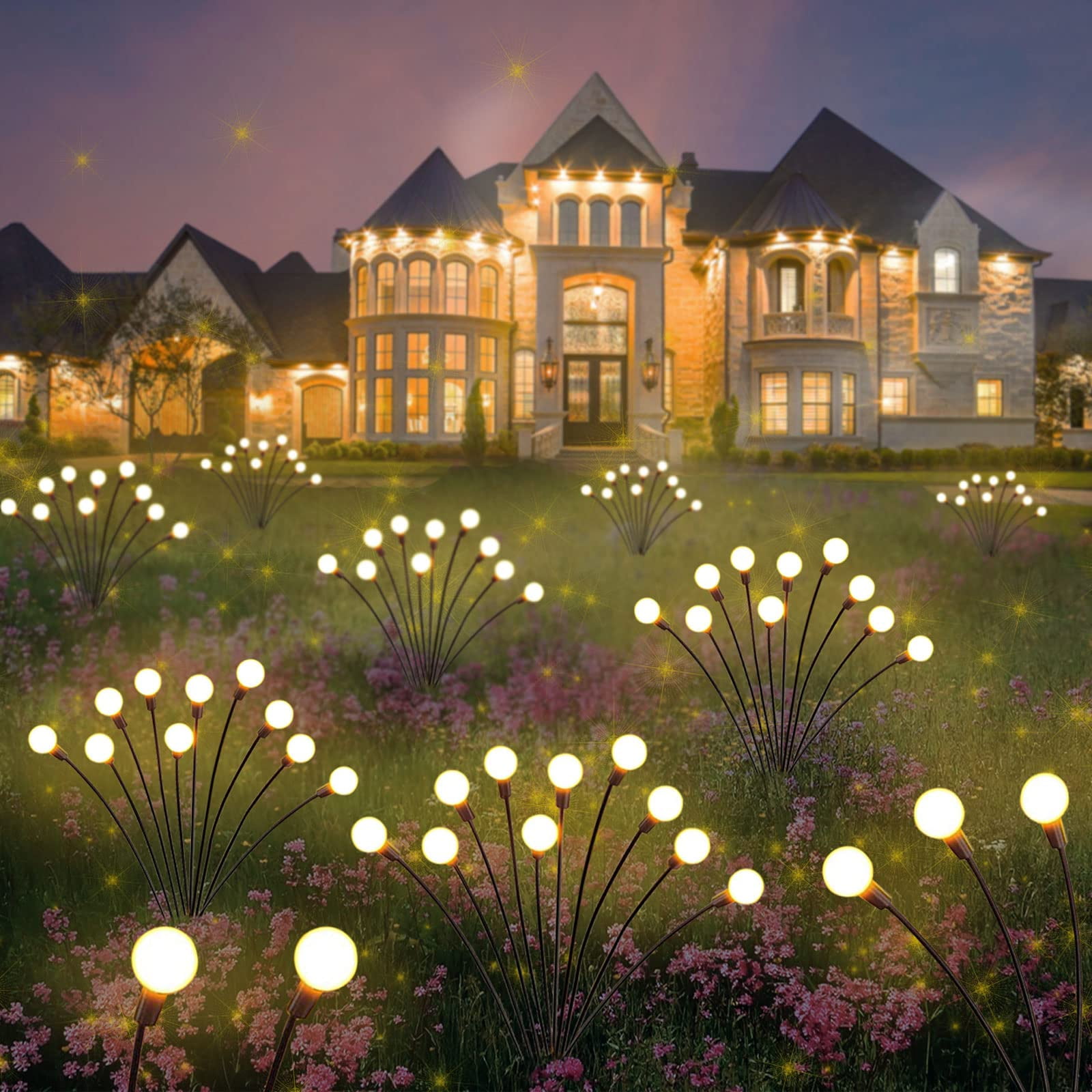 Solar Firefly Fairy Lights Starburst Swaying Outdoor Stake Lights 10 LED 4 Pack Warm White ...