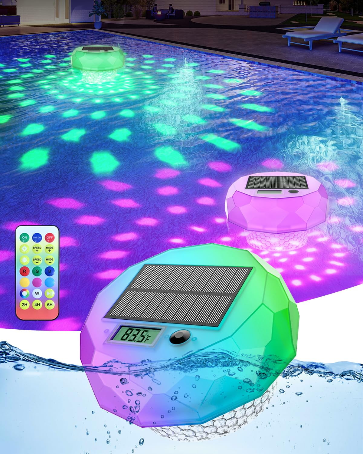 Solar Floating Pool Lights with Thermometer Easy Read, Control RGB ...