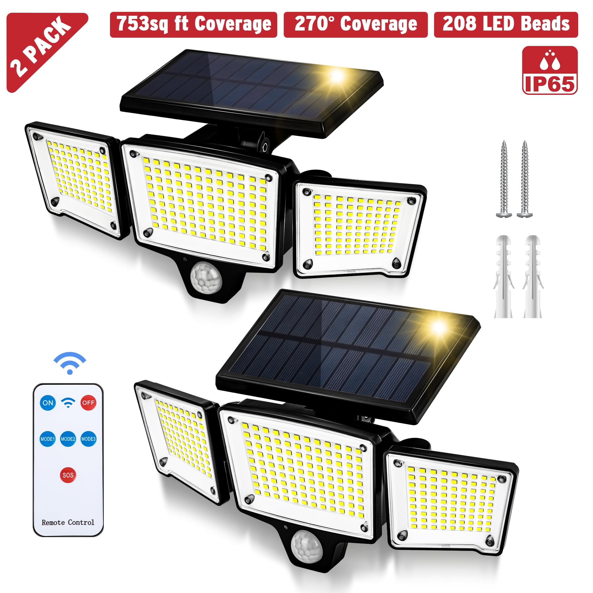 Solar Flood Light, 1500 LM, Waterproof, 208 LEDs, Motion Sensor, 2 Pack ...
