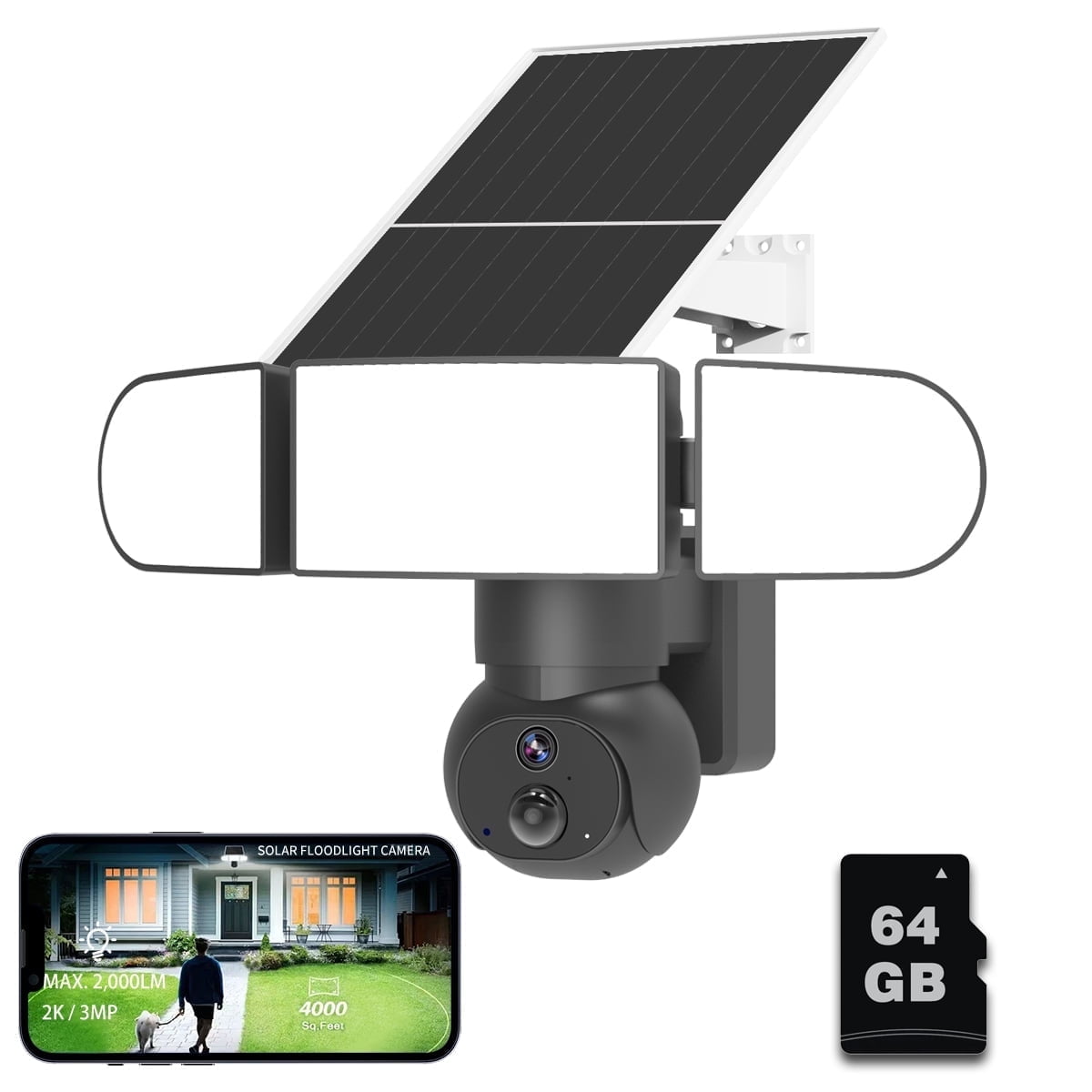 Solar Floodlight Security Camera Wireless Outdoor（64GB TF Card ） 360 ...