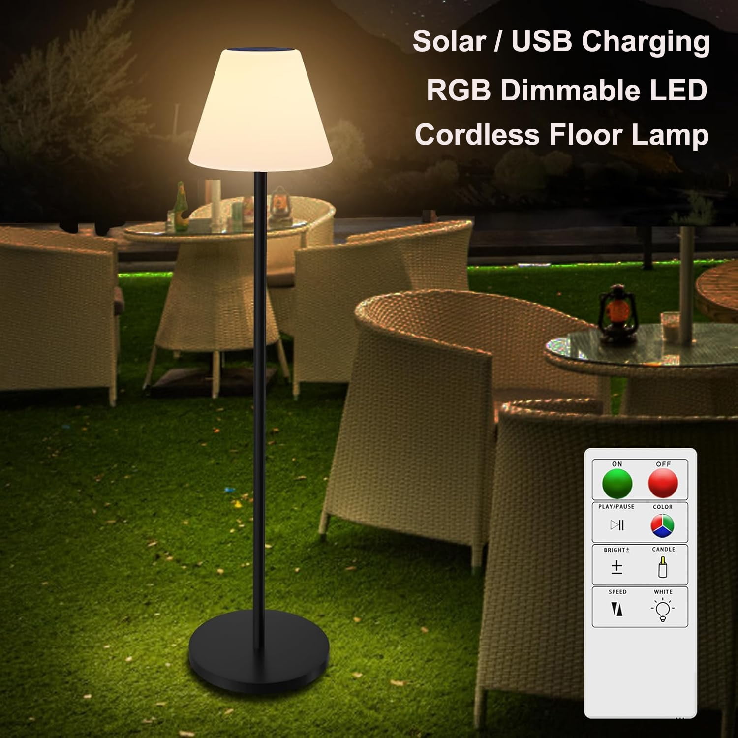Solar Floor Lamp with Light Sensor, USB Cordless Dimmable LED Night ...