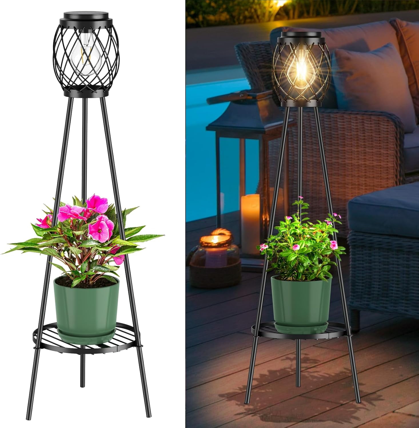 Solar Floor Lamp with Plant Stands，Solar Lights Outdoor with Vintage ...