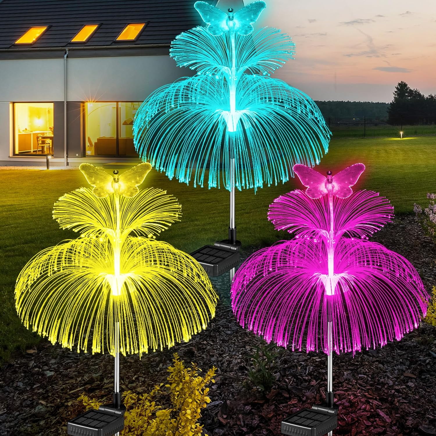 Solar Flower Lights Outdoor Waterproof 3 Pack Solar Yard Lights 7 Color ...