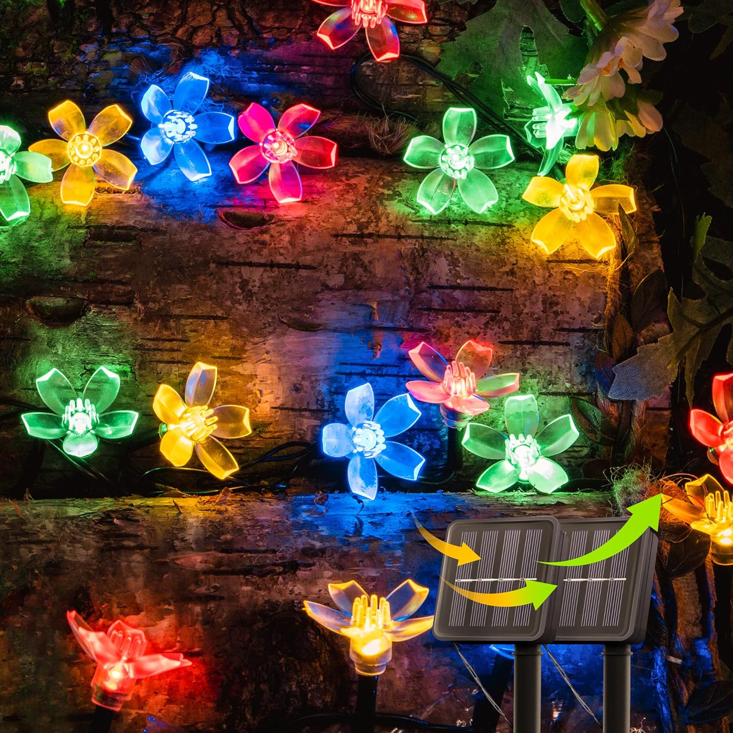 Solar Flower String Lights, 2PACK 50 LED Fairy Light Outdoor Waterproof ...