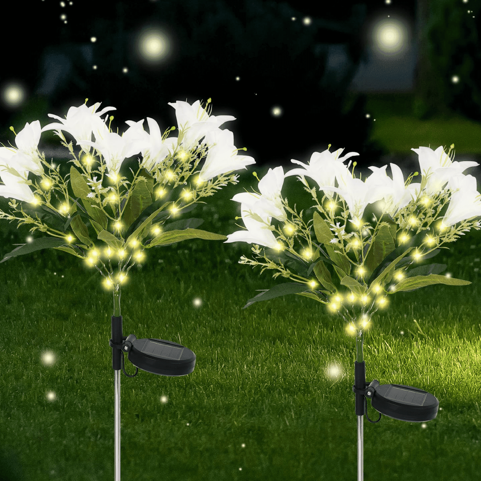 Solar Flowers,2 Pack LED Solar Lily,Waterproof 14 White Lily Flower ...