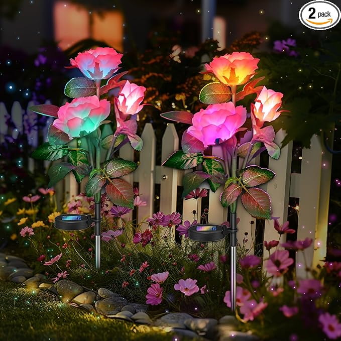 Solar Flowers Lights Garden Outdoor Decor Waterproof 2 Pack, Pink Rose ...