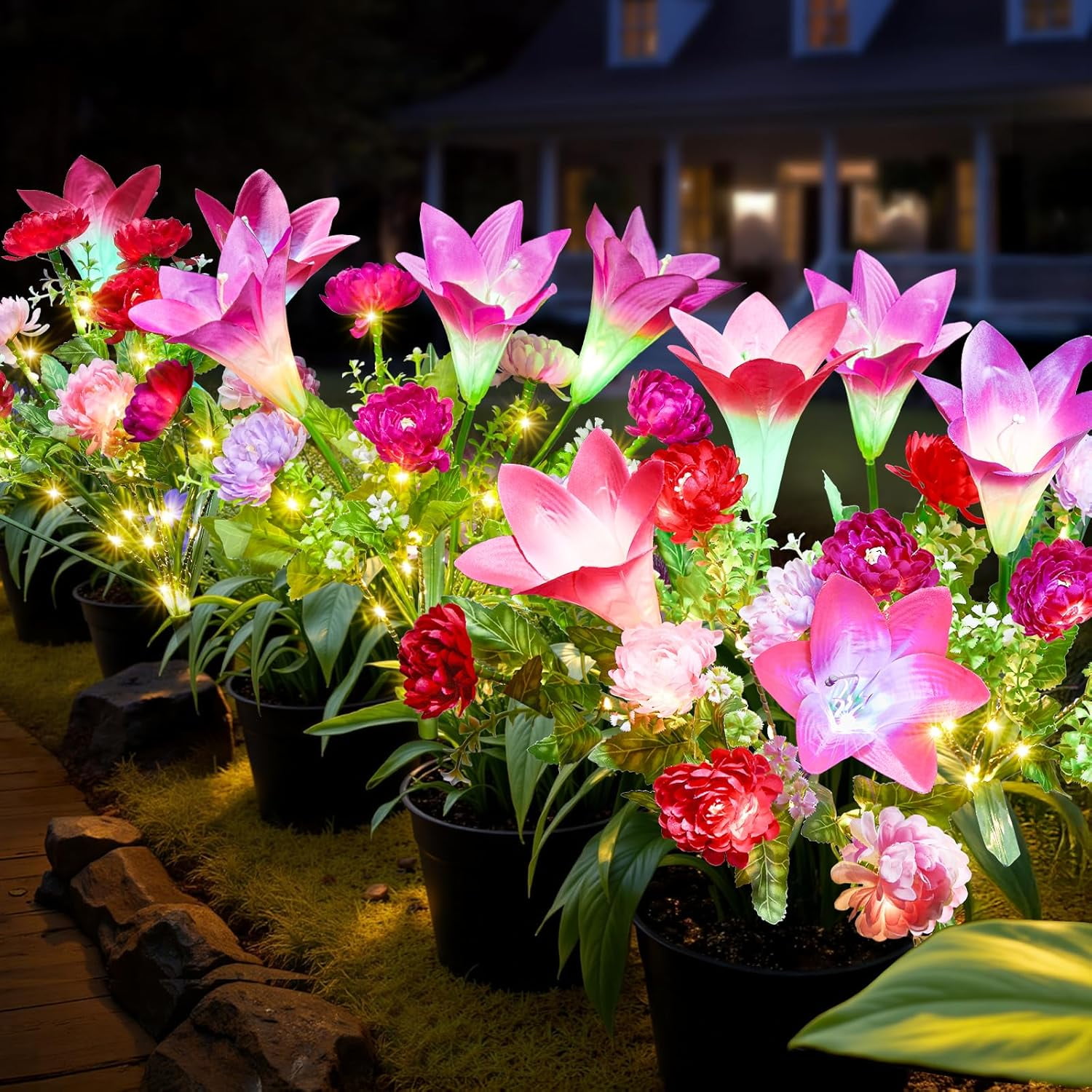 Solar Flowers Lights Outdoor Waterproof, 4 Pack 2 in 1 Solar Lily ...