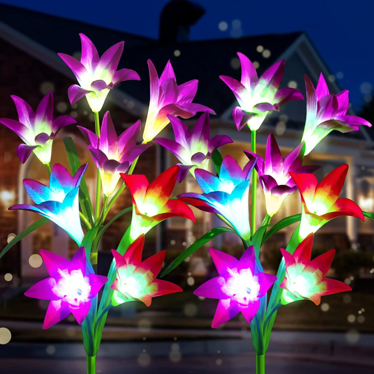 Solar Flowers - Lily Solar Garden Stake Lights,4 Pack Powered Lights ...