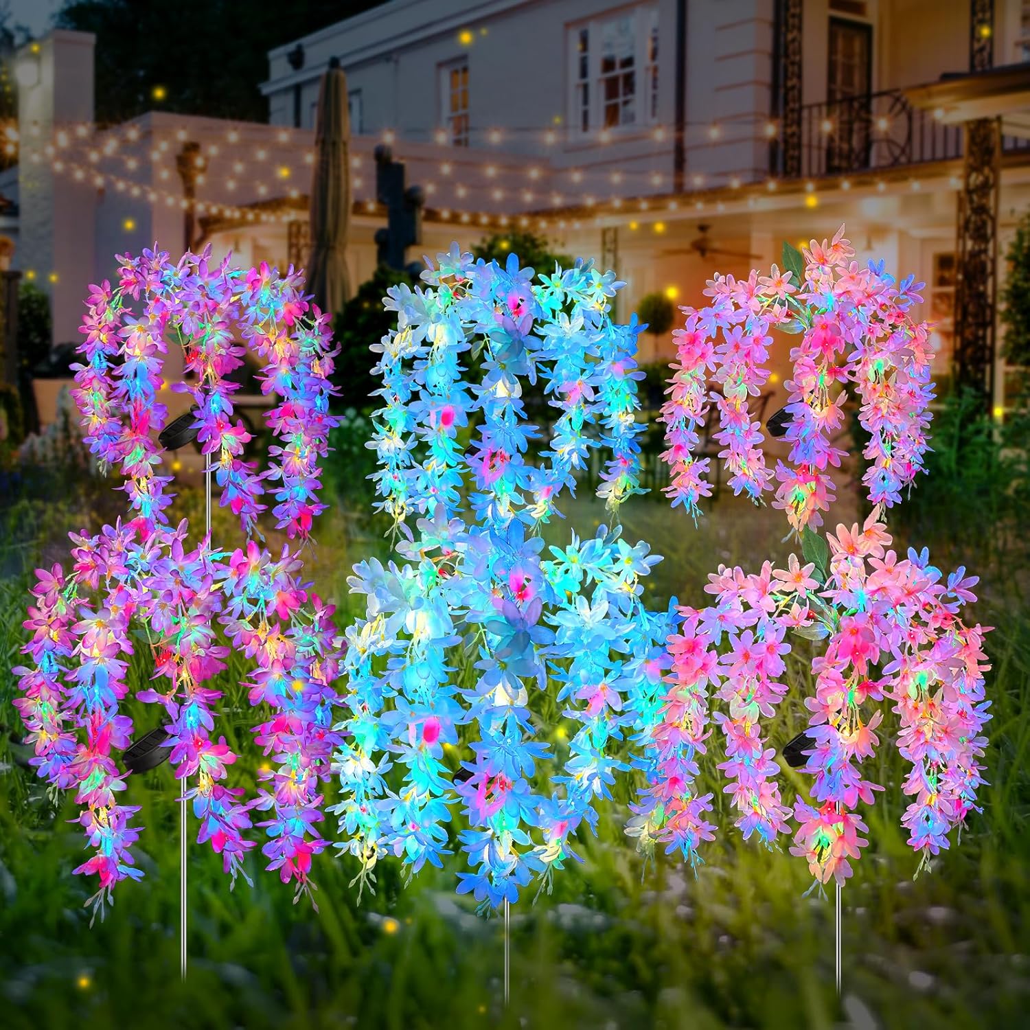 Solar Flowers Outdoor Waterproof IP65, 5 Lilac Flower Vines with 140 ...