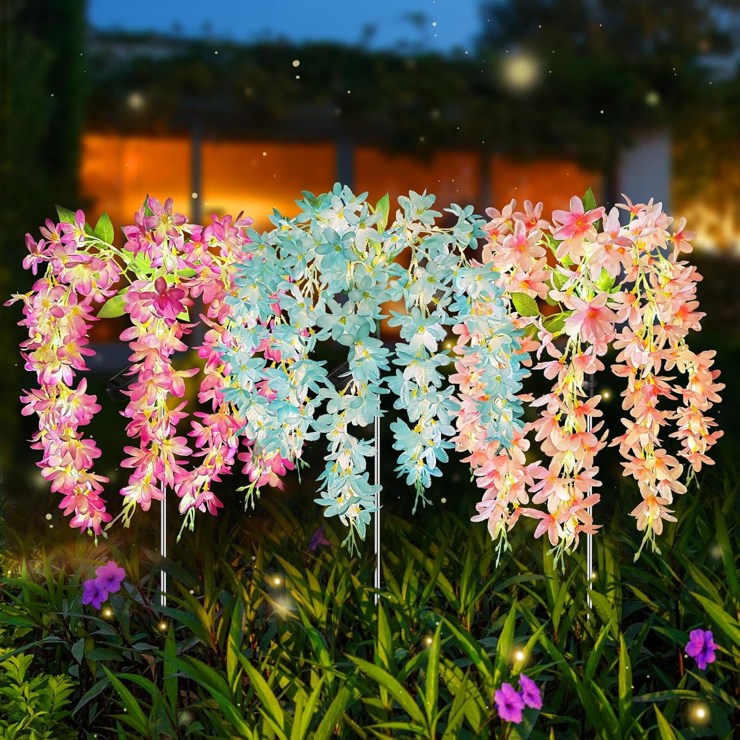 Solar Flowers Outdoor Waterproof IP65, 5 Lilac Flower Vines with 140 ...