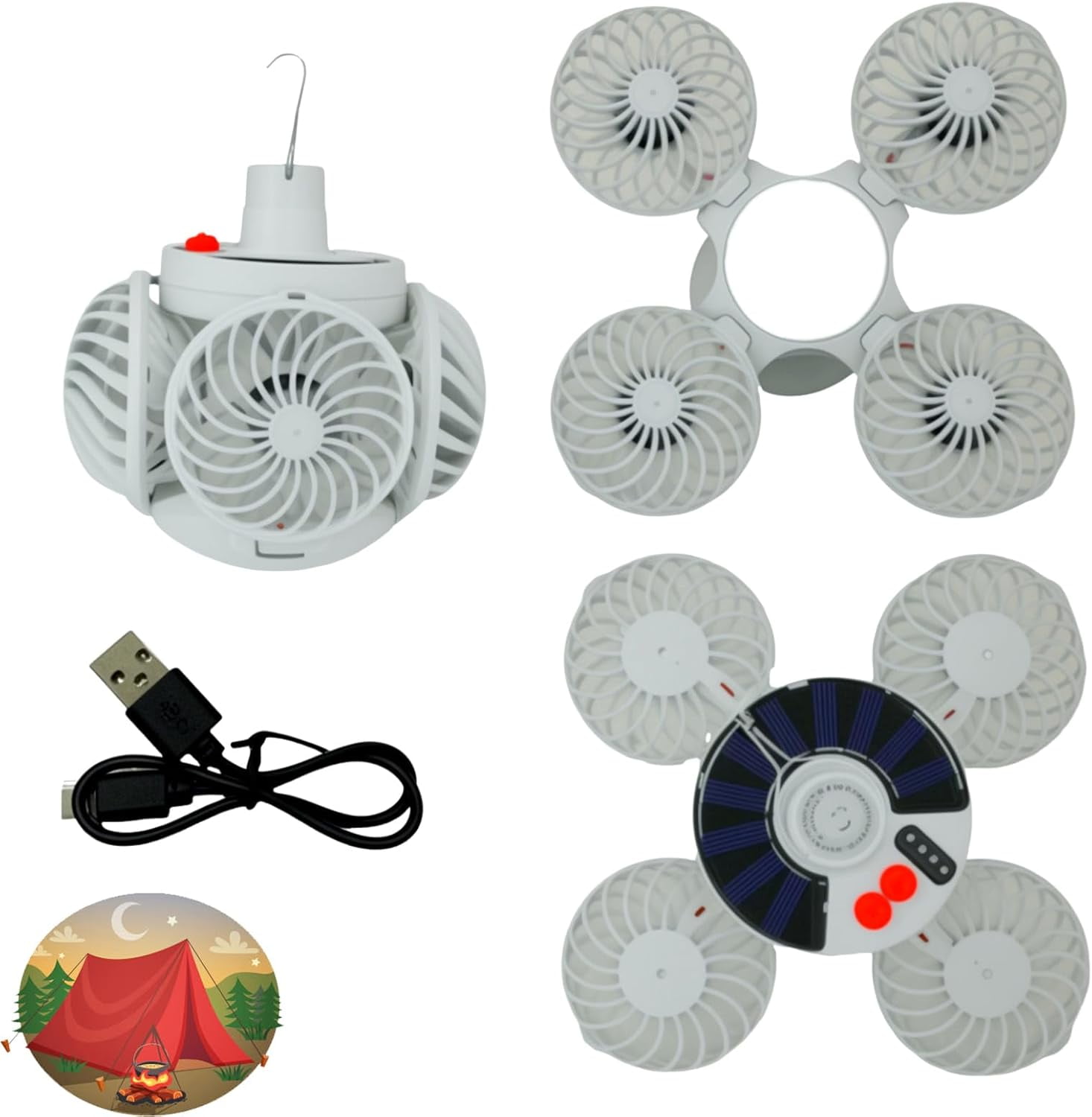 Solar Foldable 4 Fan Light with Hook, USB/Solar Charging for Outdoor ...