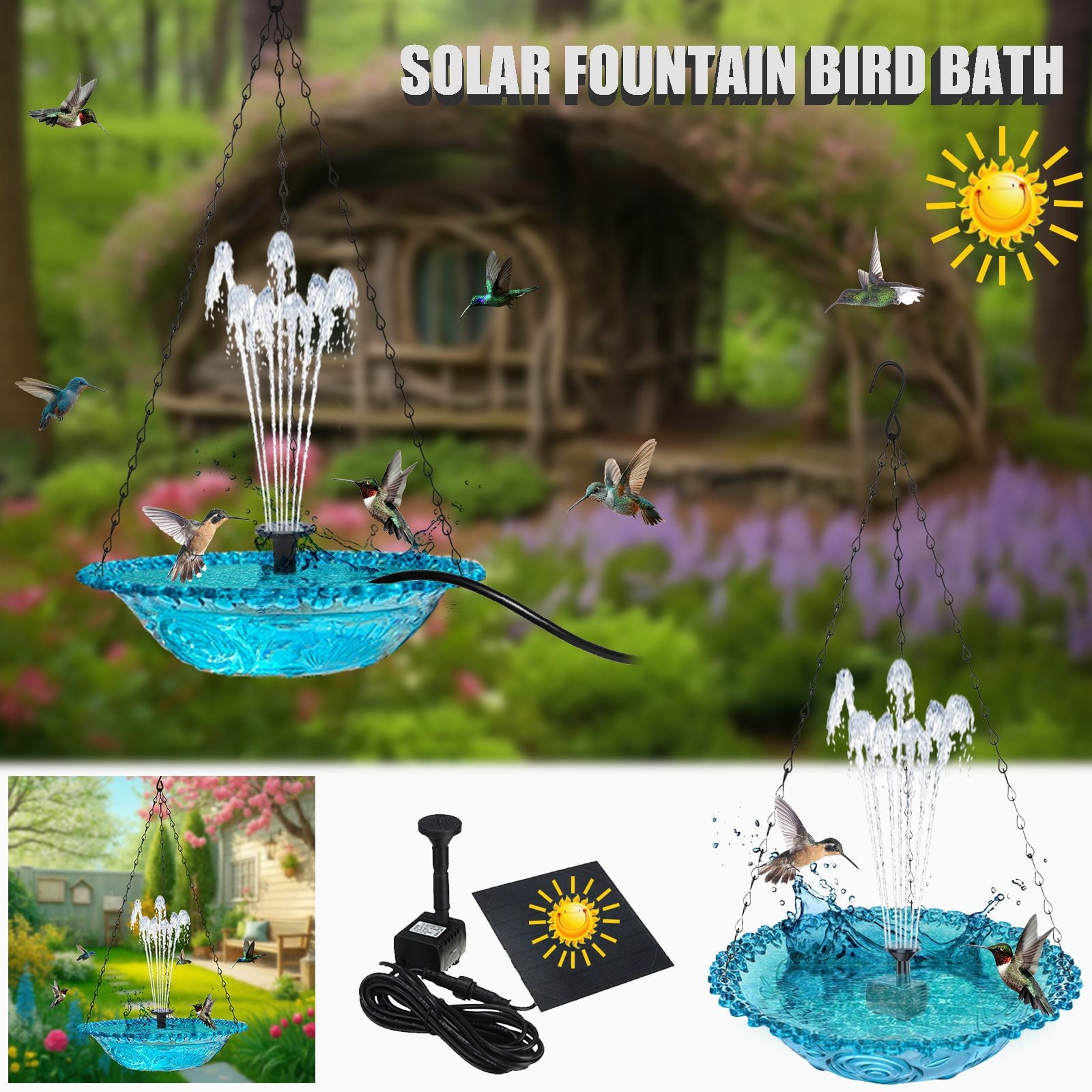 Solar Fountain Hanging Bird Bath, Outdoor Bird Bath Bowl, Solar Powered ...
