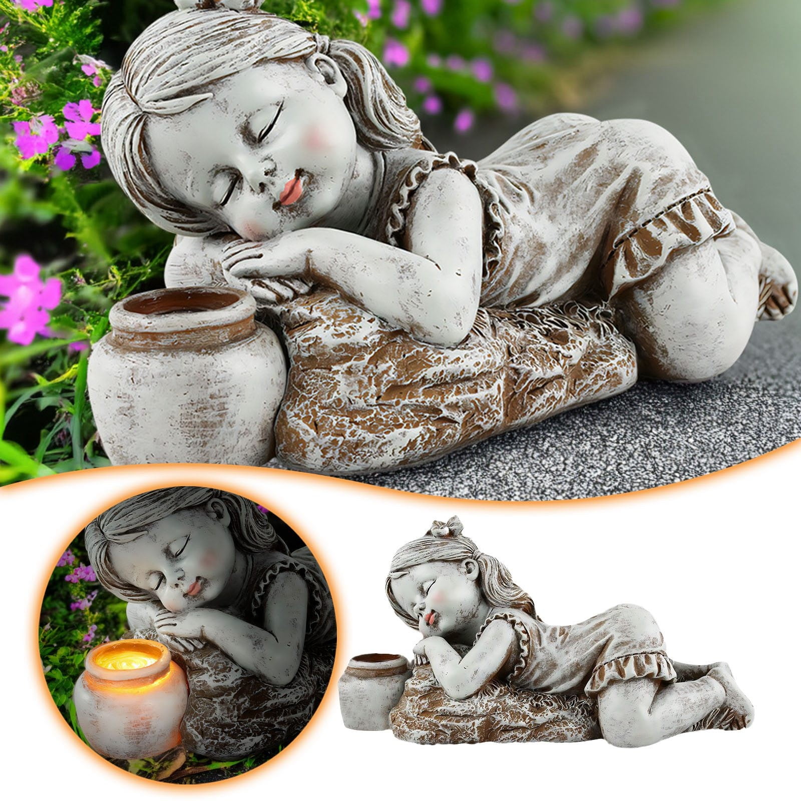 Solar Garden Cute Boy Lying Down Statue, 8.85 Inch Resin Boy Figurine ...