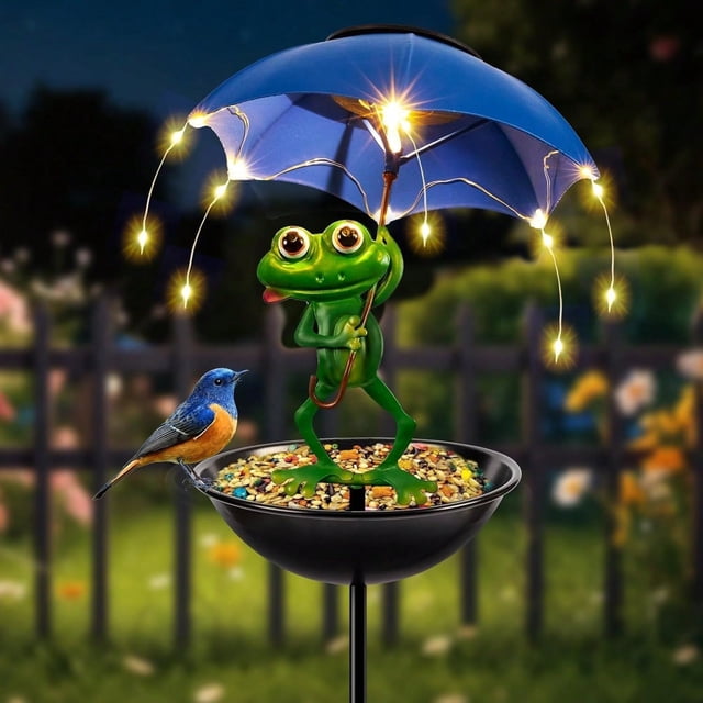 Solar Garden Decor Frog Bird Feeder, Outdoor Crackle Glass Lights With ...