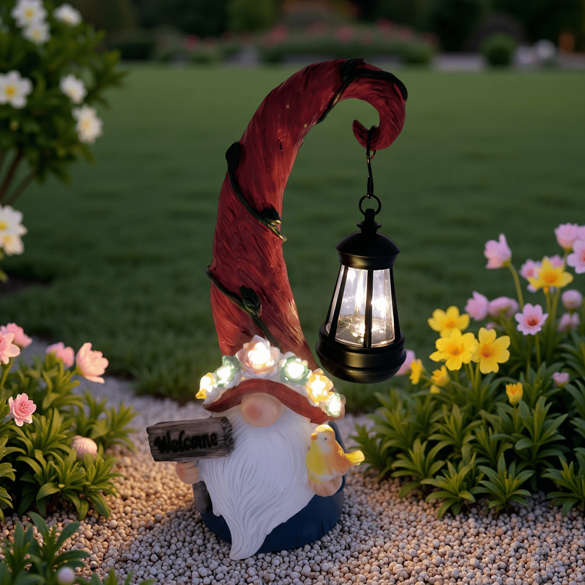 Solar Garden Decor Long Hair Gnome Statue Solar Lights Outdoor with ...