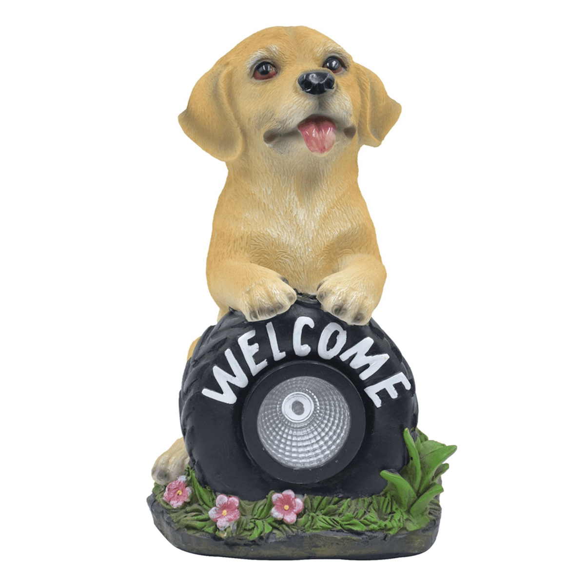 Solar Garden Dog Statue Welcome Sign with LED Lights Resin Solar ...