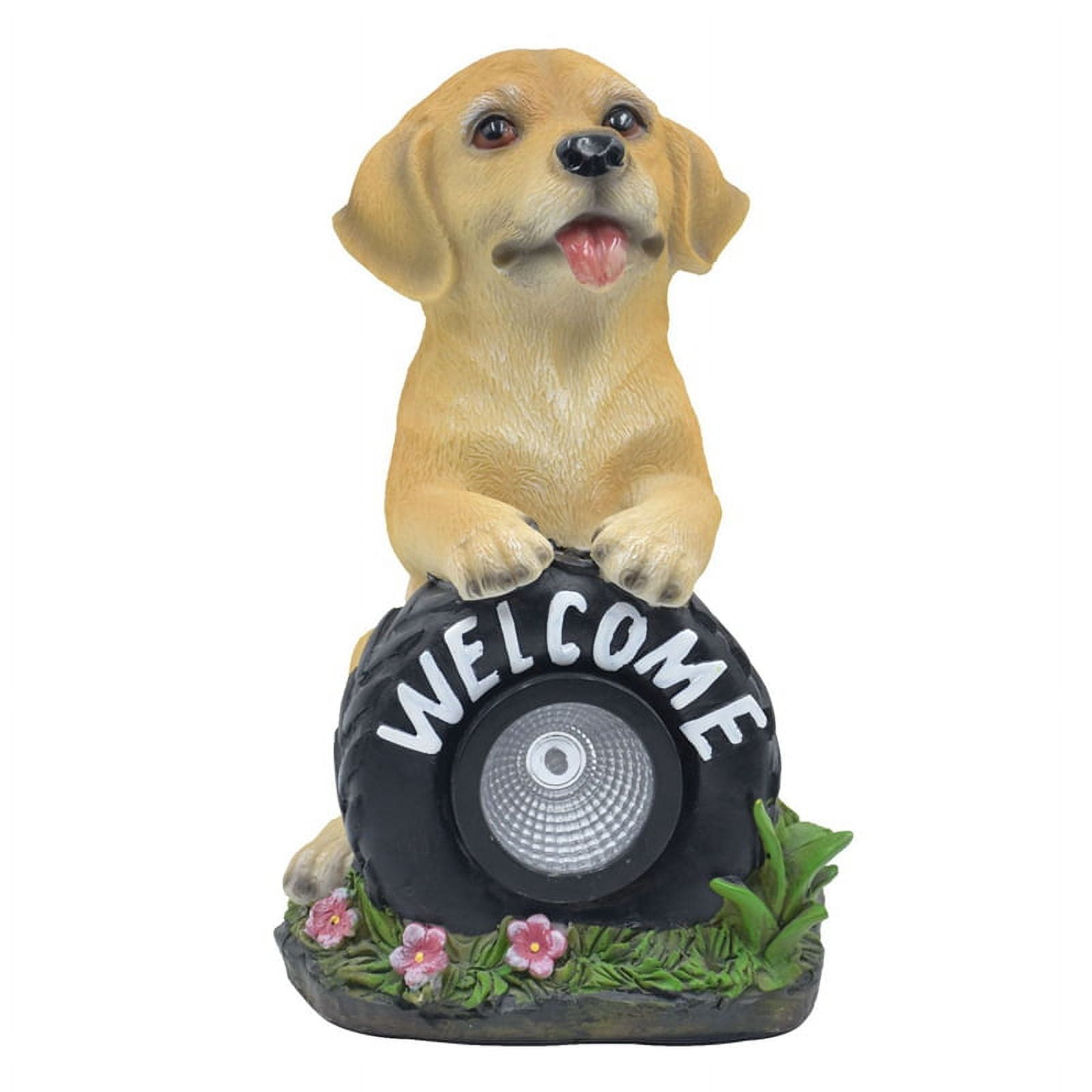 Solar Garden Dog Statue Welcome Sign with LED Lights Resin Solar ...