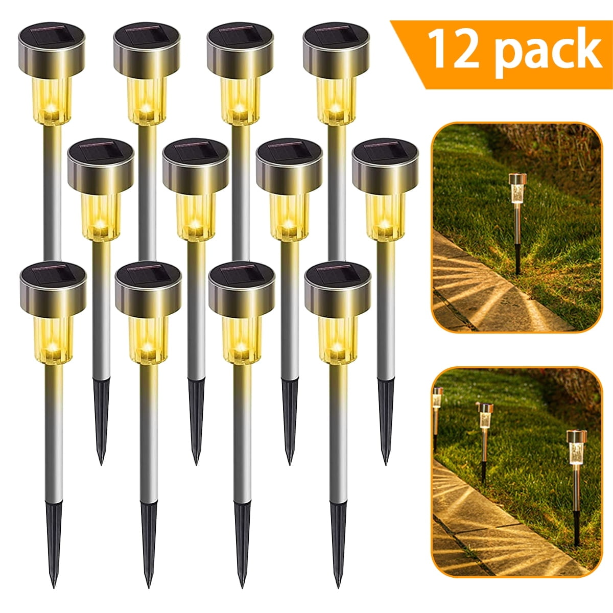 12Pack Waterproof Solar Garden Lights, Stainless Steel Outdoor Solar ...