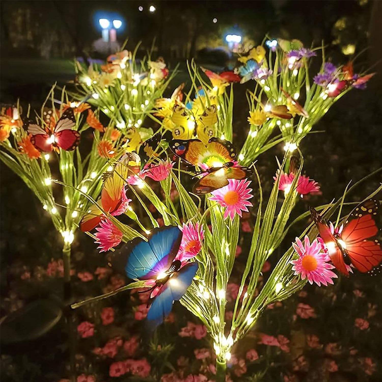 Solar Garden Lights, 2 Pack 84LED 14 Butterfly 28 Daisy Flower Solar ...