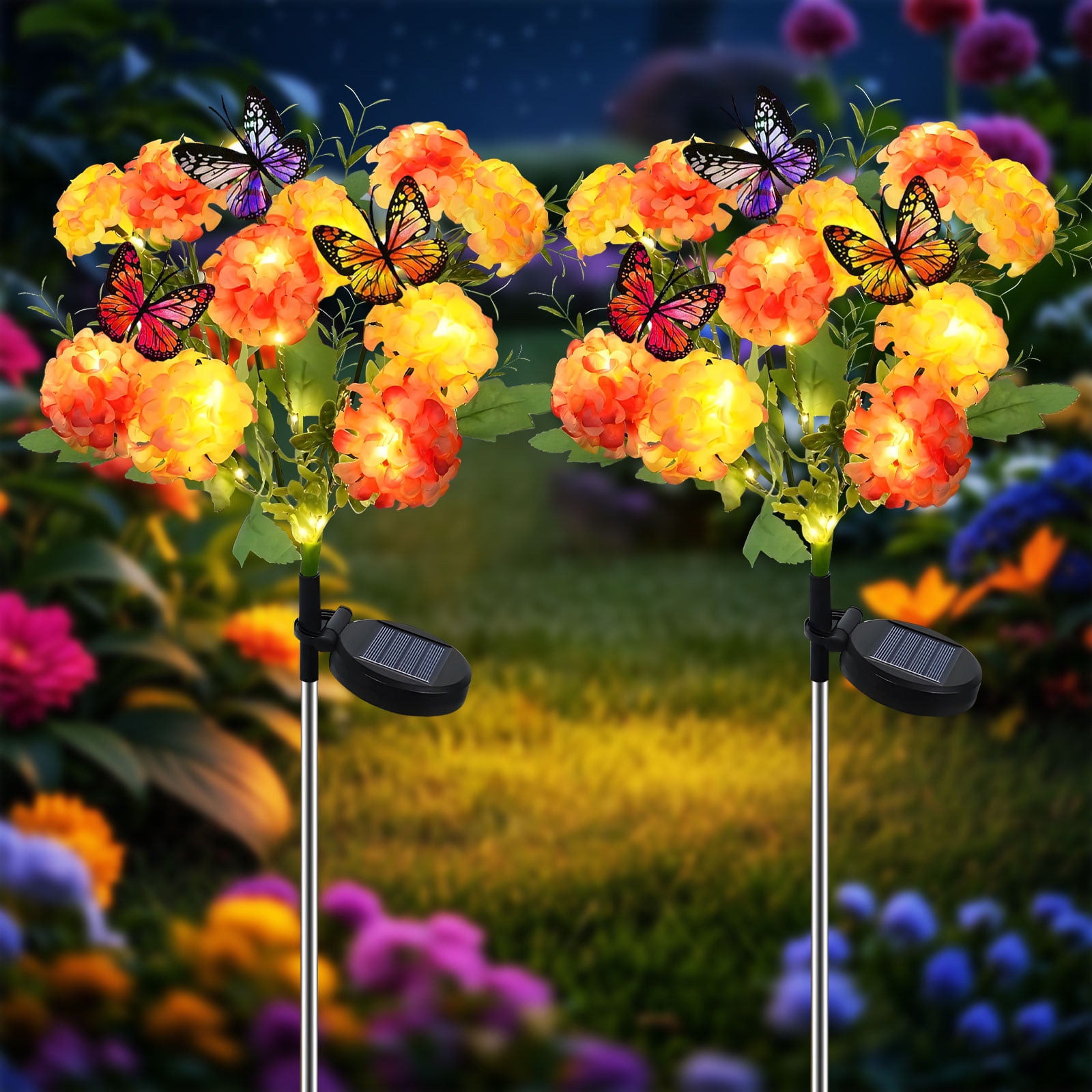Rirool Solar Butterfly Flower Lights (2 Pack) - 13 LED Hydrangea & 3 ...