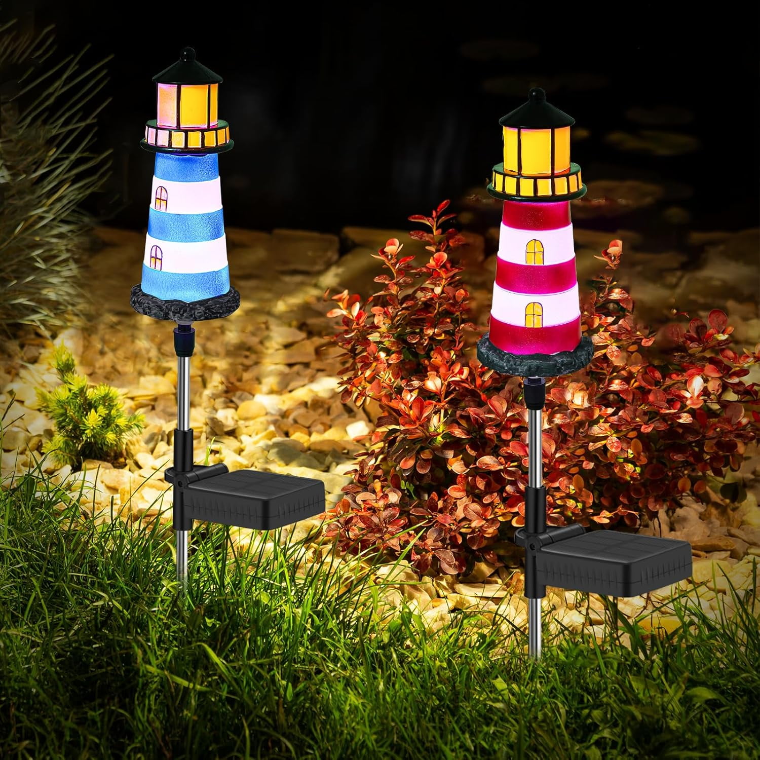 Solar Garden Lights, 2-Pack Upgraded IP65 Waterproof Lighthouse Solar ...