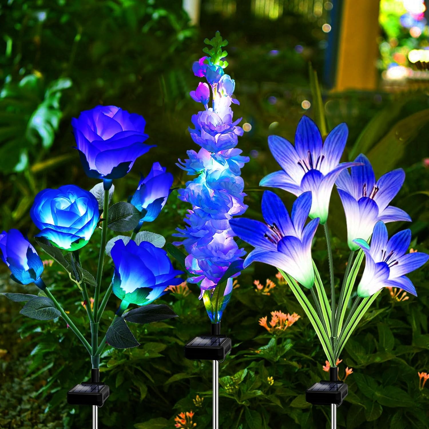 Solar Garden Lights, 3 Pack Waterproof Flowers Lights - Lily Rose ...
