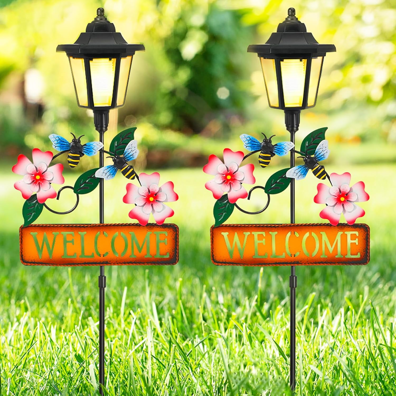 Solar Garden Lights Bee, 37.4 Inch Solar Lamp Post Light with Welcome ...