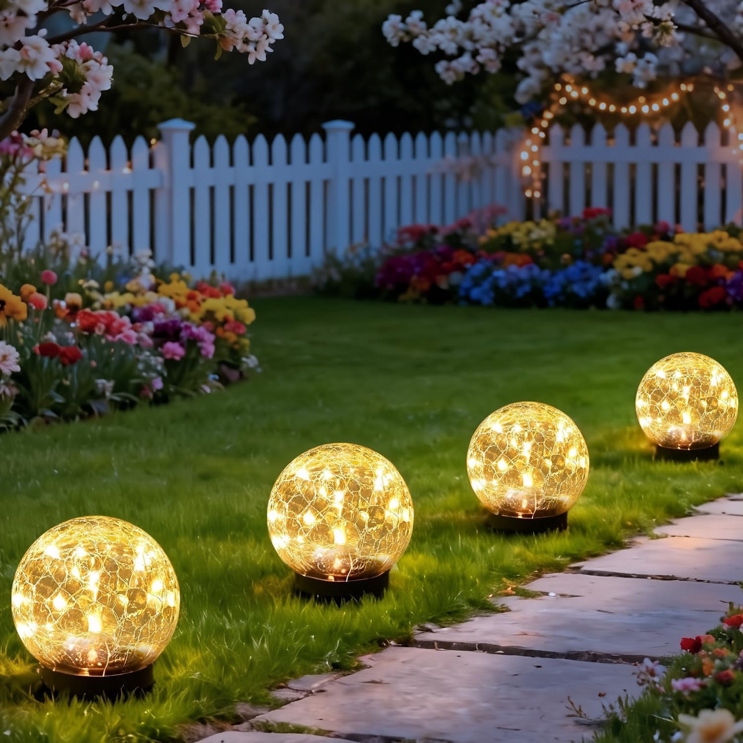 Solar Garden Lights Outdoor , 4 30 LEDs Cracked Glass Ball Light ...