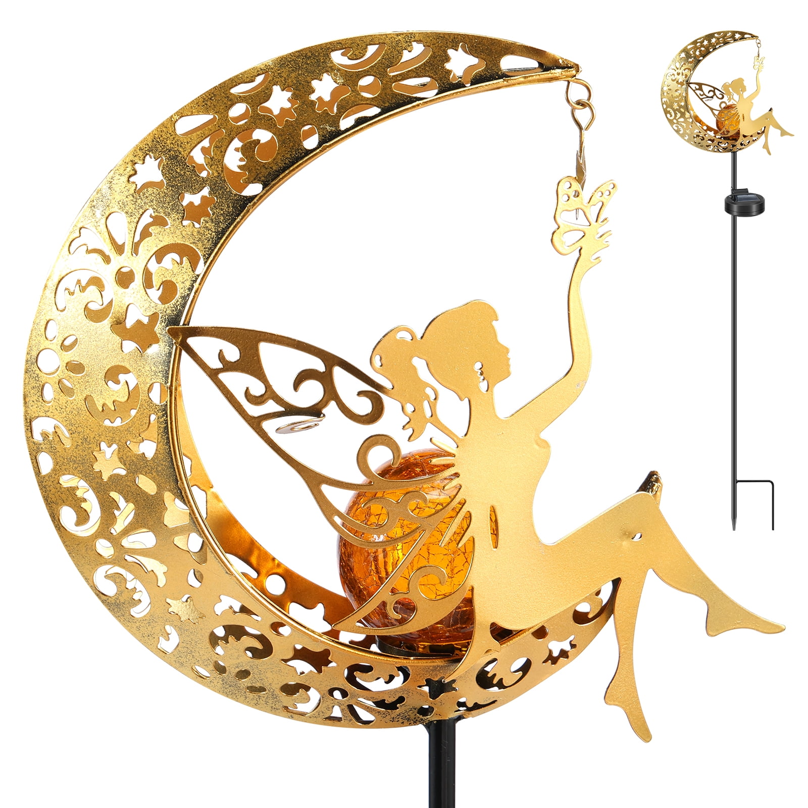 Solar Garden Lights Outdoor Decor Moon Fairy Crackle Glass Lights ...